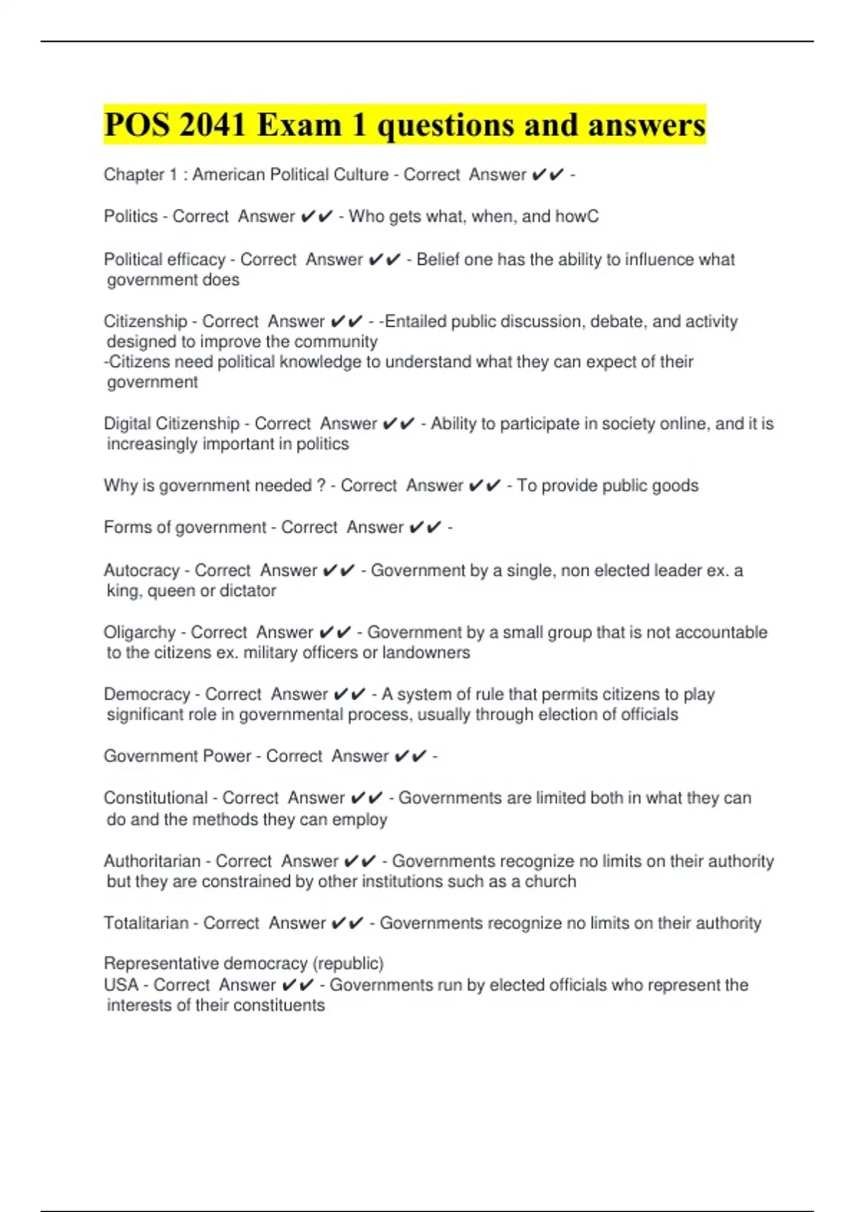 POS 2041 Exam 1 questions and answers - POS 2041 - Stuvia US