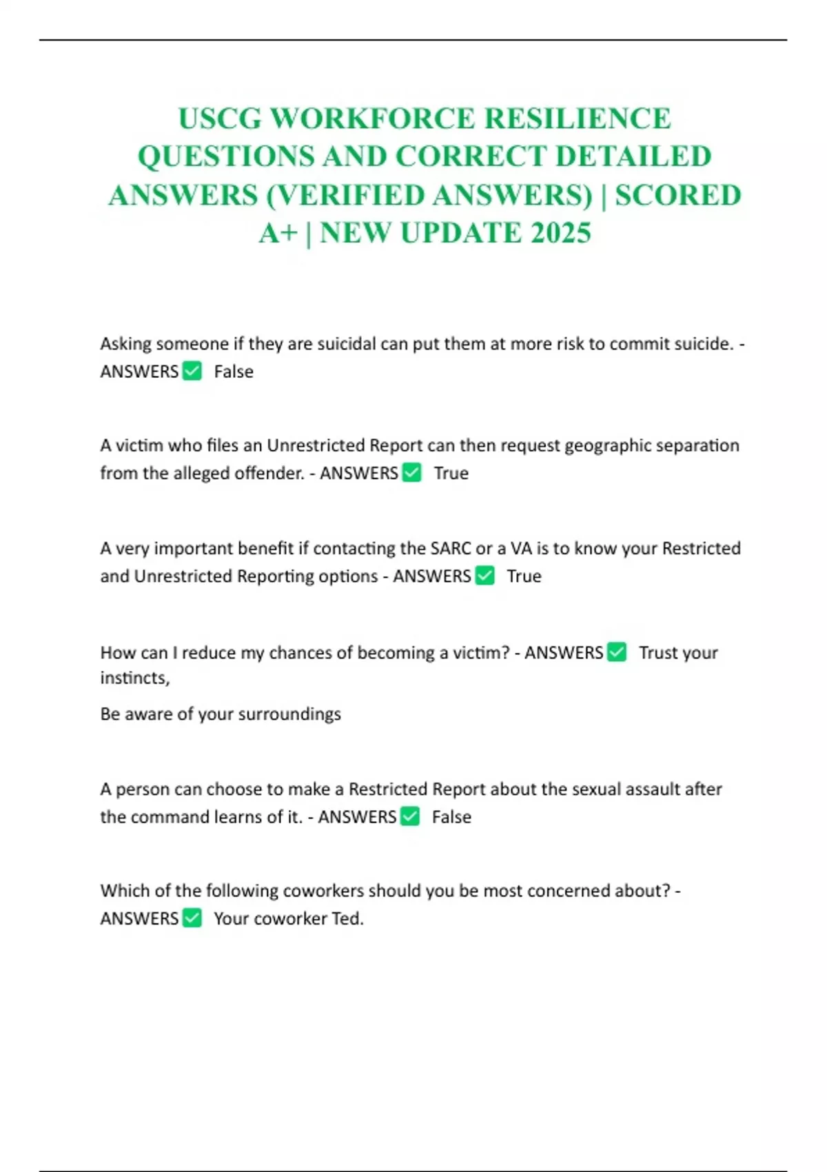 USCG WORKFORCE RESILIENCE QUESTIONS AND CORRECT DETAILED ANSWERS ...