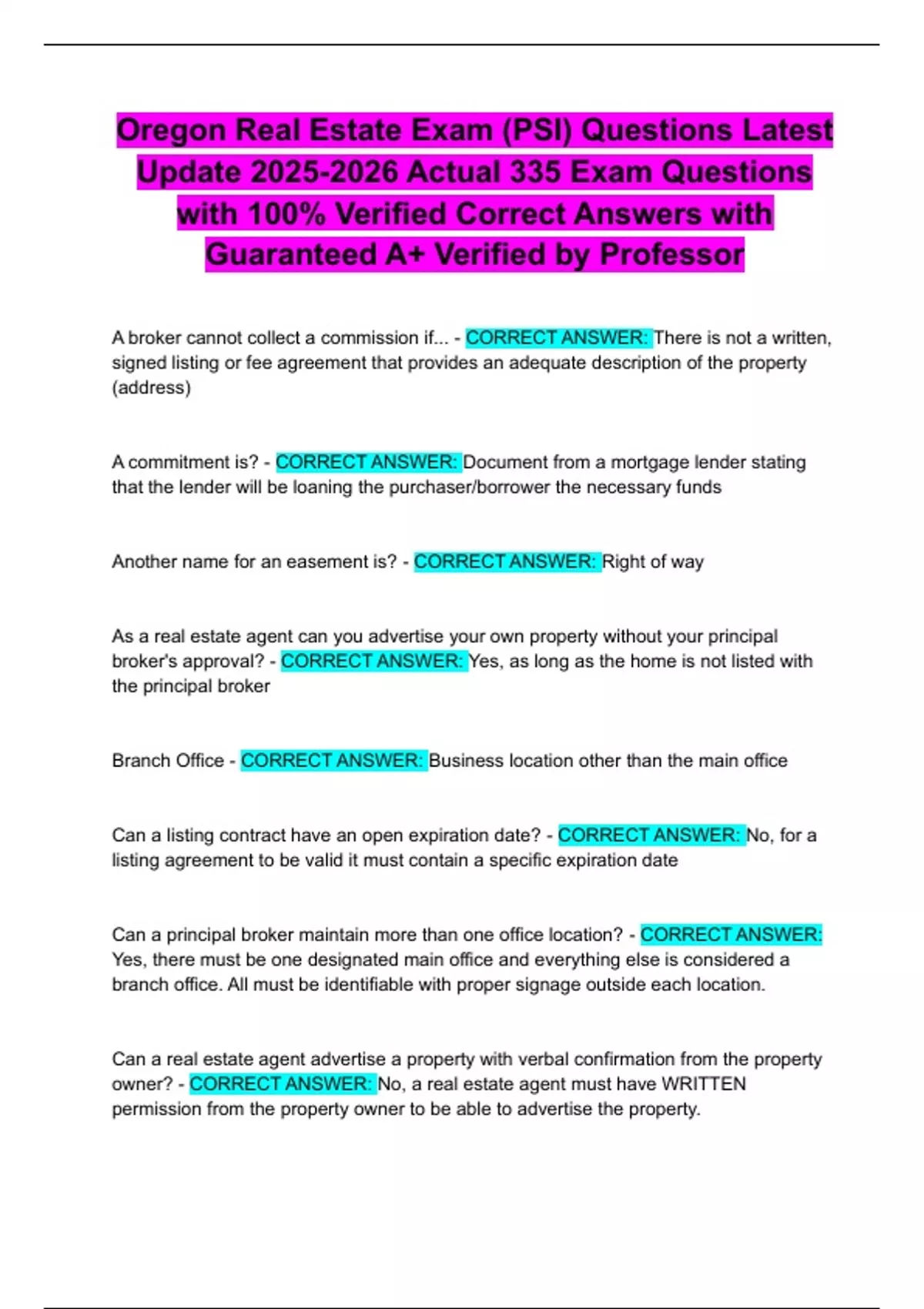 Oregon Real Estate Exam (PSI) Questions Latest Update Actual 335 Exam ...