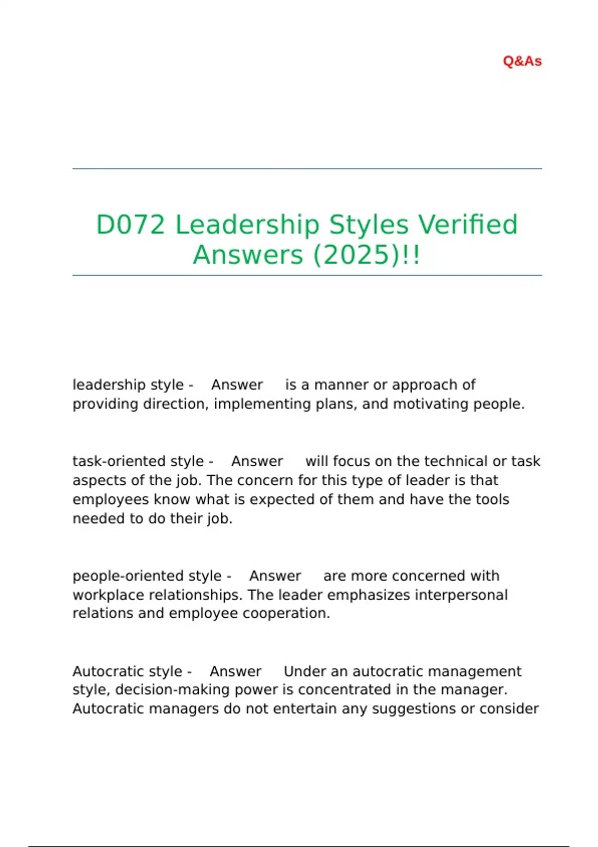 D072 Leadership Styles Verified Answers (2025)!! - WGU D072 - Stuvia US