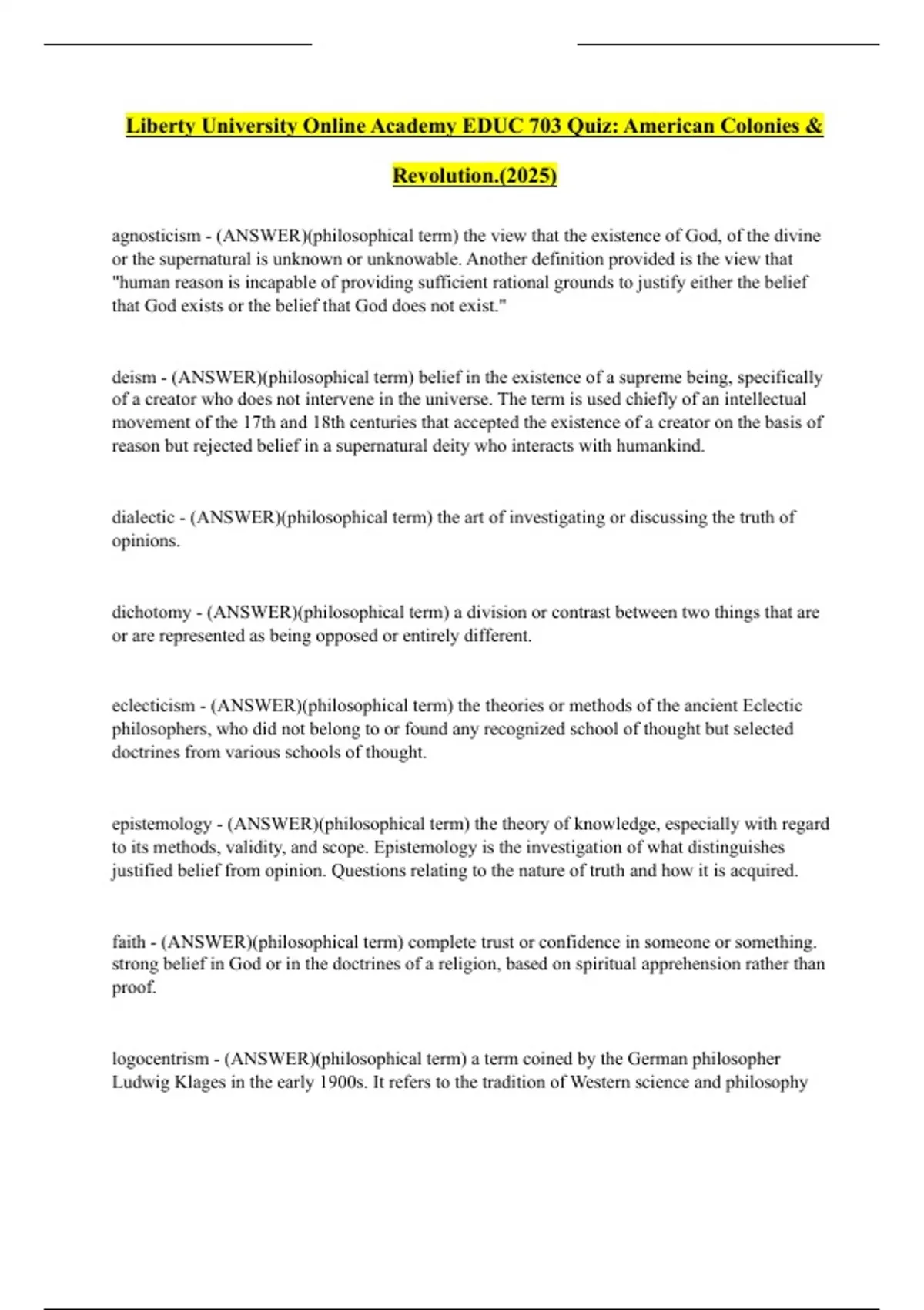 Liberty University Online Academy EDUC 703 Quiz: American Colonies ...