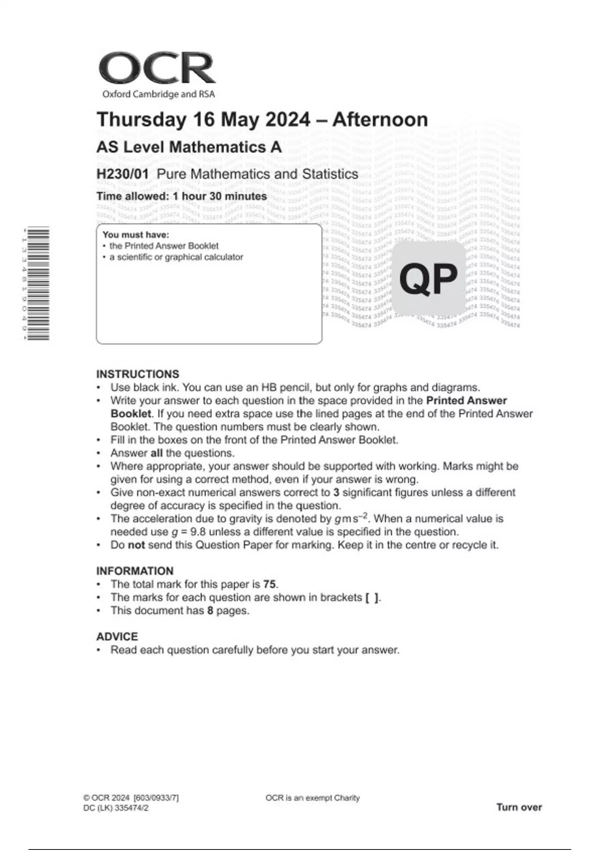 OCR AS Level Mathematics A Paper 1 and 2 JUNE 2024 QUESTION PAPERS AND ...