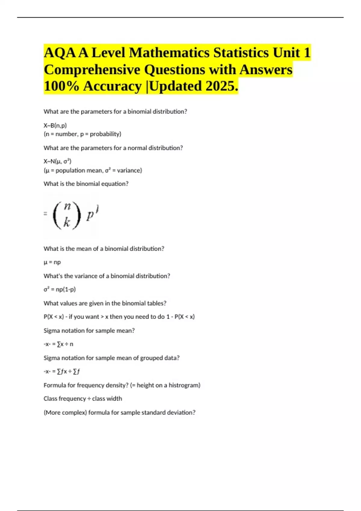 AQA A Level Mathematics Statistics Unit 1 Comprehensive Questions with Answers 100% Accuracy ...