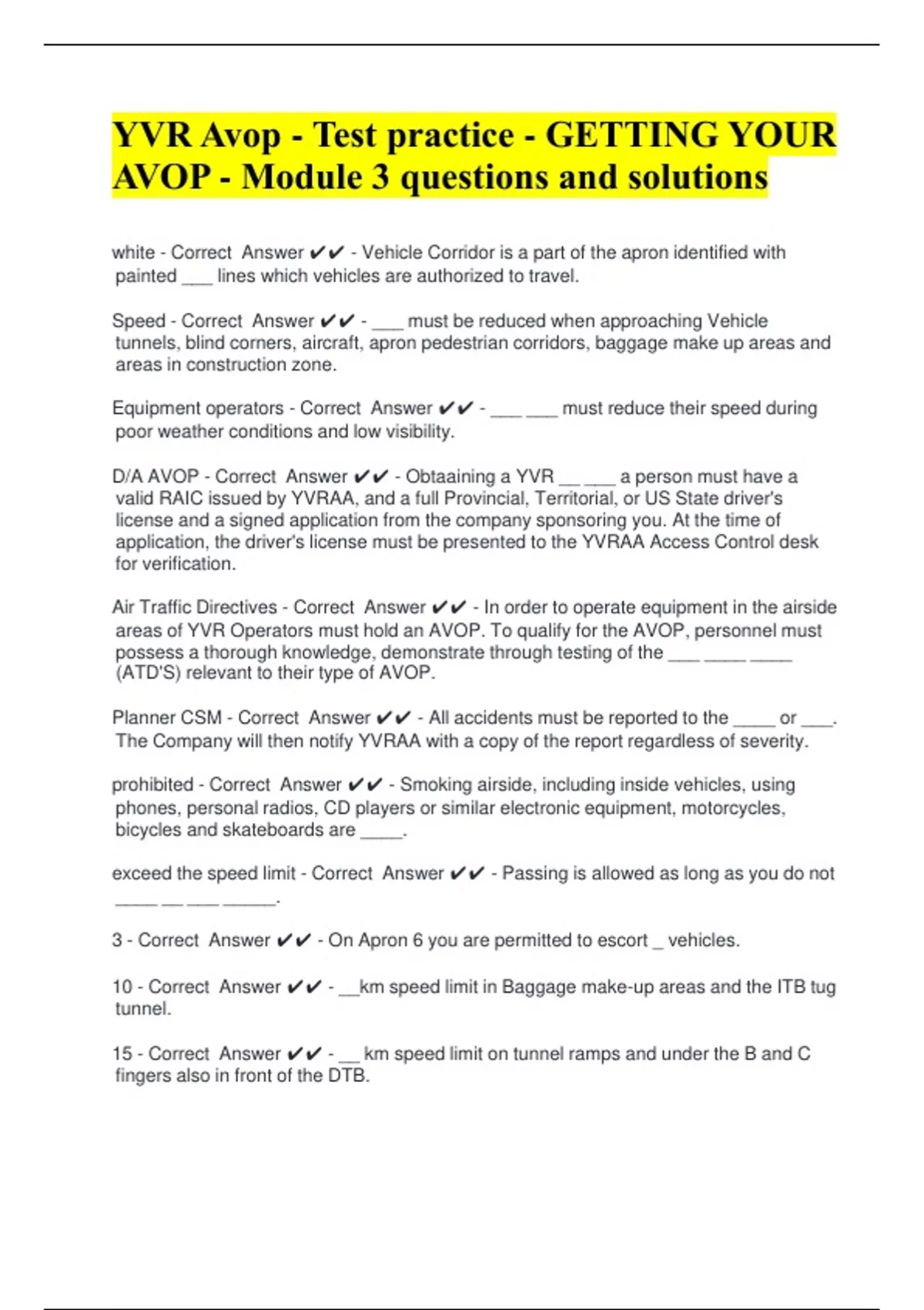 YVR Avop - Test practice - GETTING YOUR AVOP - Module 3 questions and ...