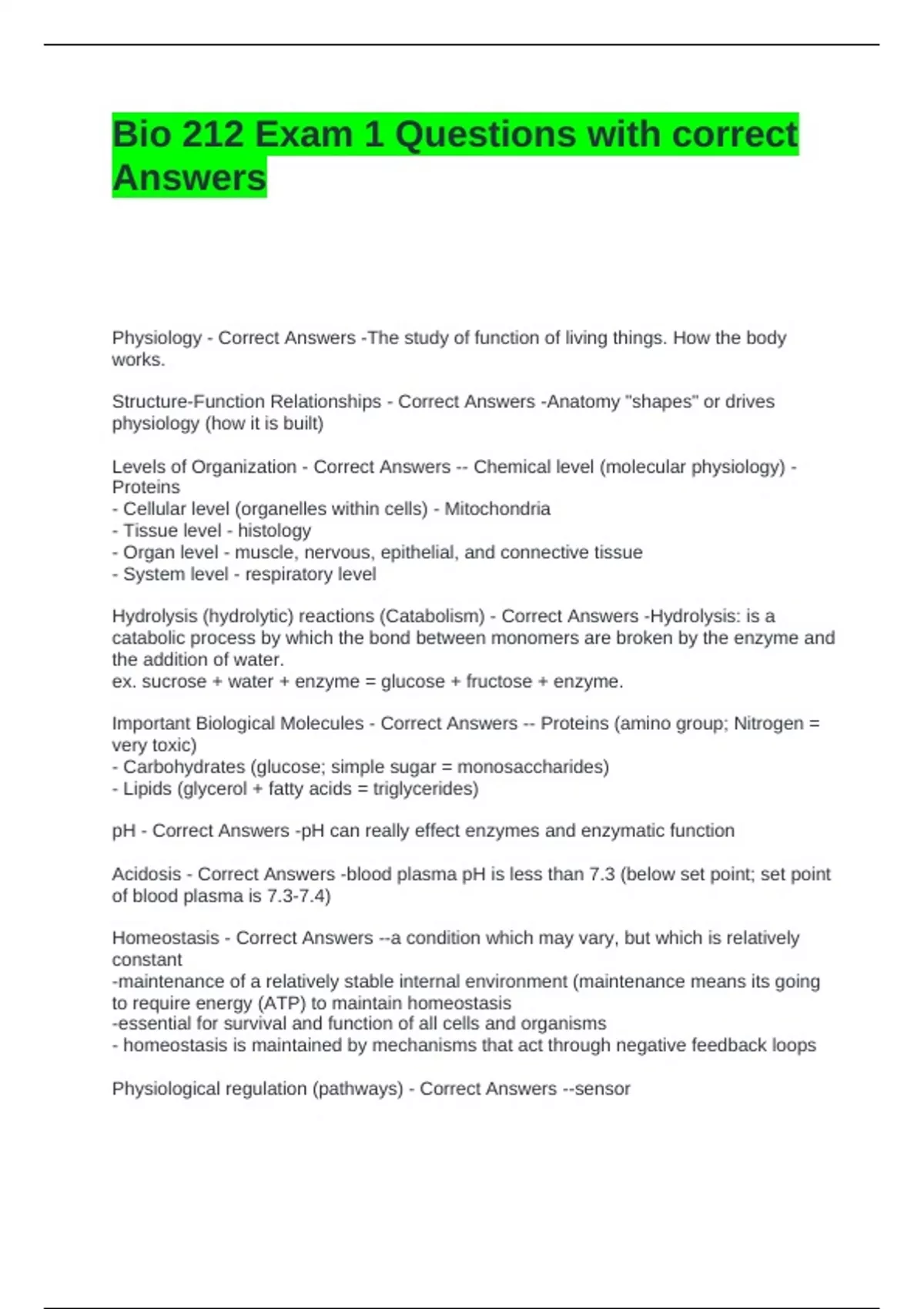 Bio 212 Exam 1 Questions with correct Answers - BIO 212 - Stuvia US