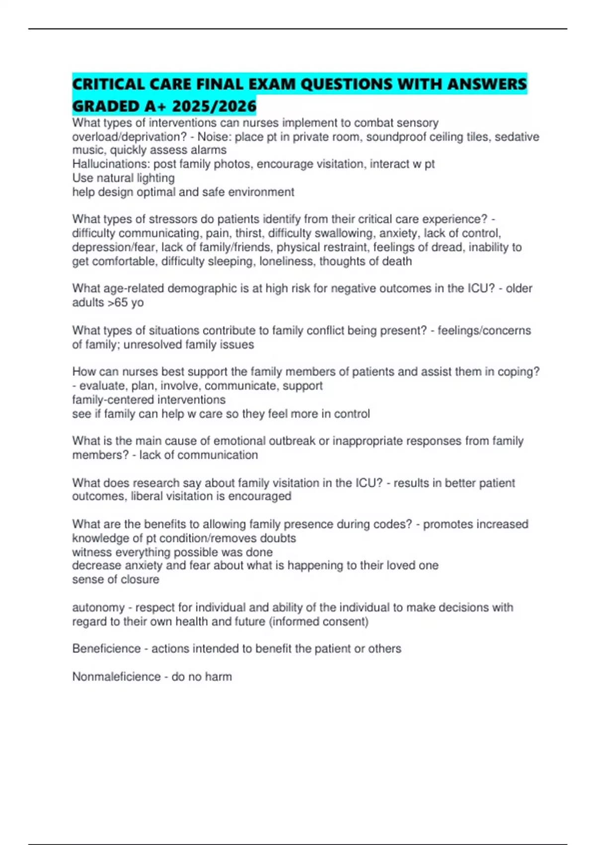 CRITICAL CARE FINAL EXAM QUESTIONS WITH ANSWERS GRADED A+ 2025/2026 ...