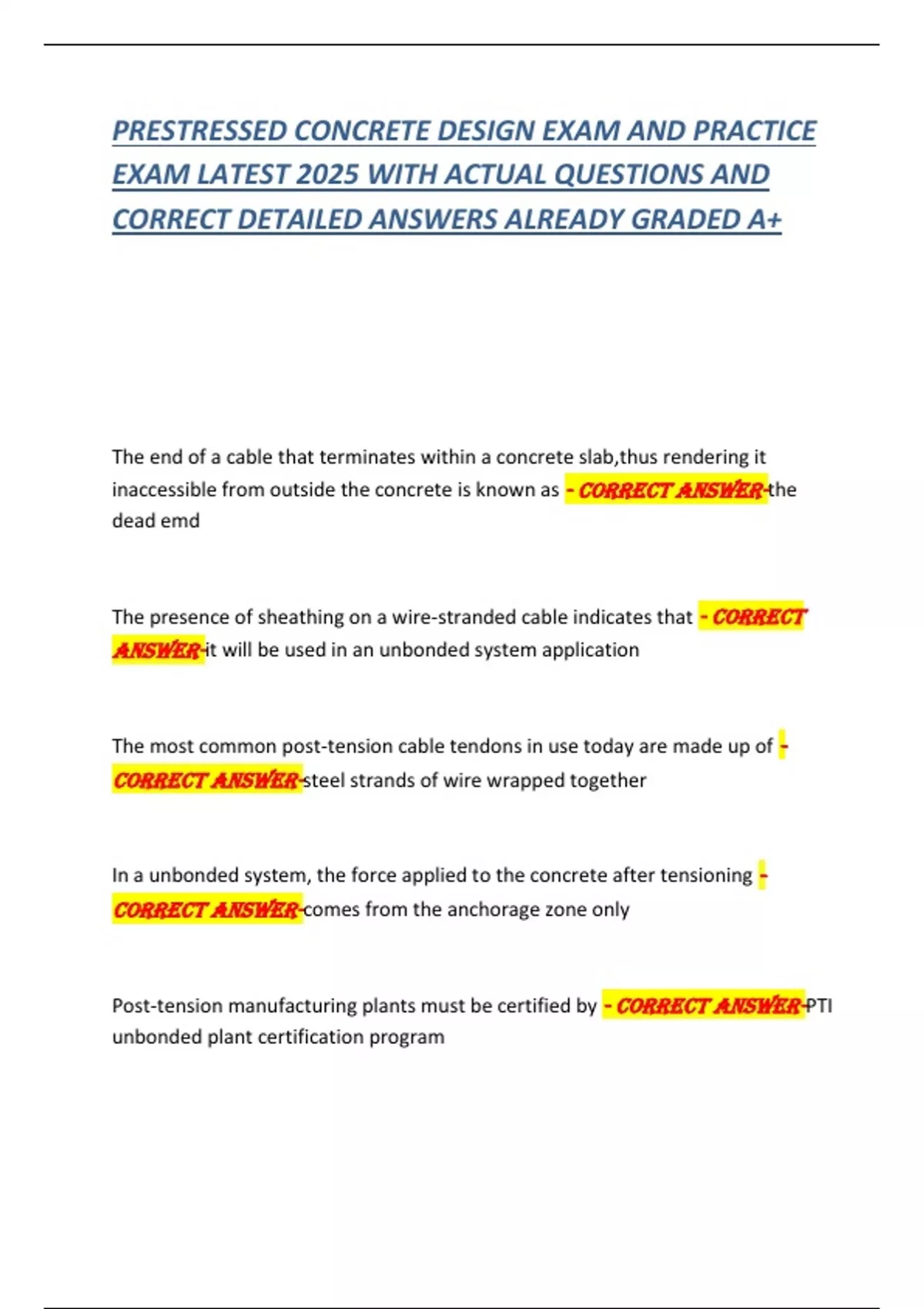 PRESTRESSED CONCRETE DESIGN EXAM AND PRACTICE EXAM LATEST 2025 WITH ...