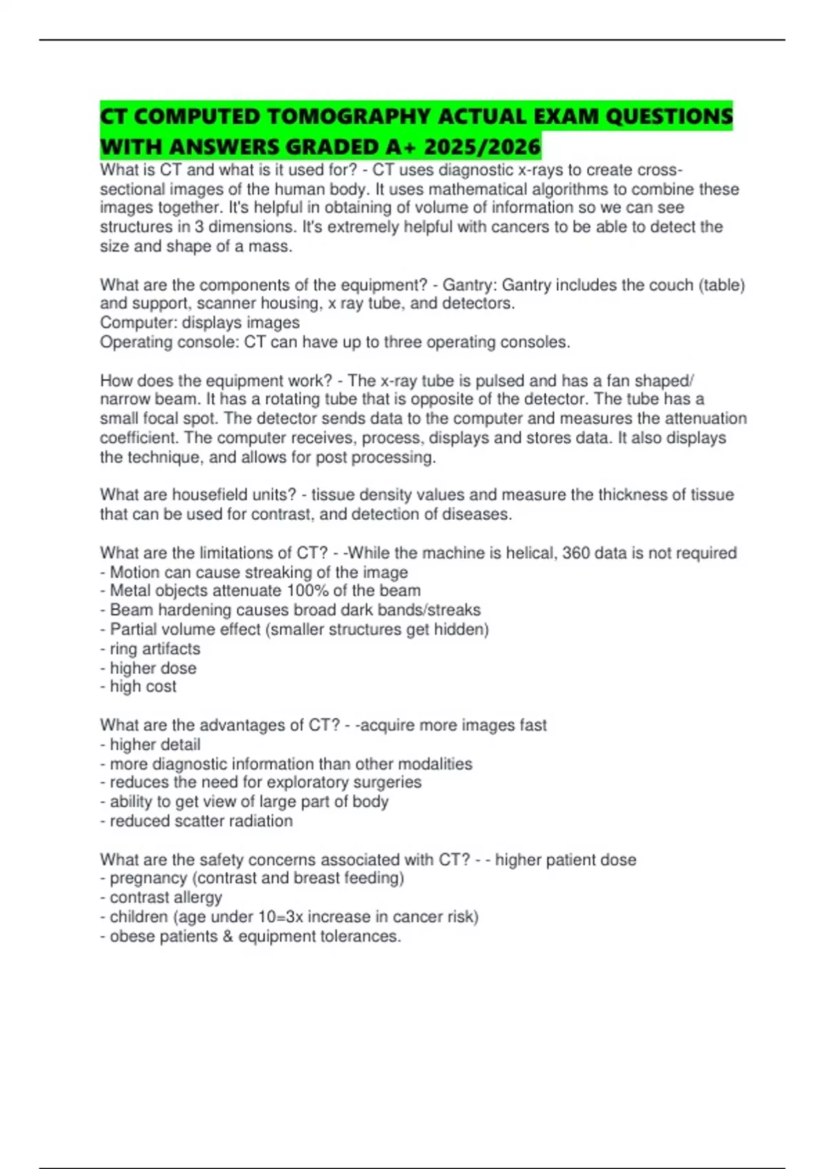 CT COMPUTED TOMOGRAPHY ACTUAL EXAM QUESTIONS WITH ANSWERS GRADED A+ ...