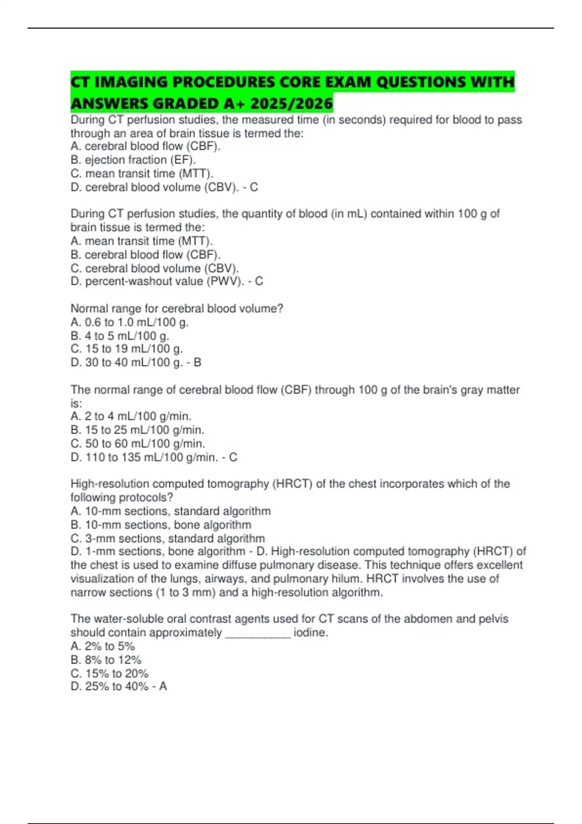 CT IMAGING PROCEDURES CORE EXAM QUESTIONS WITH ANSWERS GRADED A+ 2025/ ...