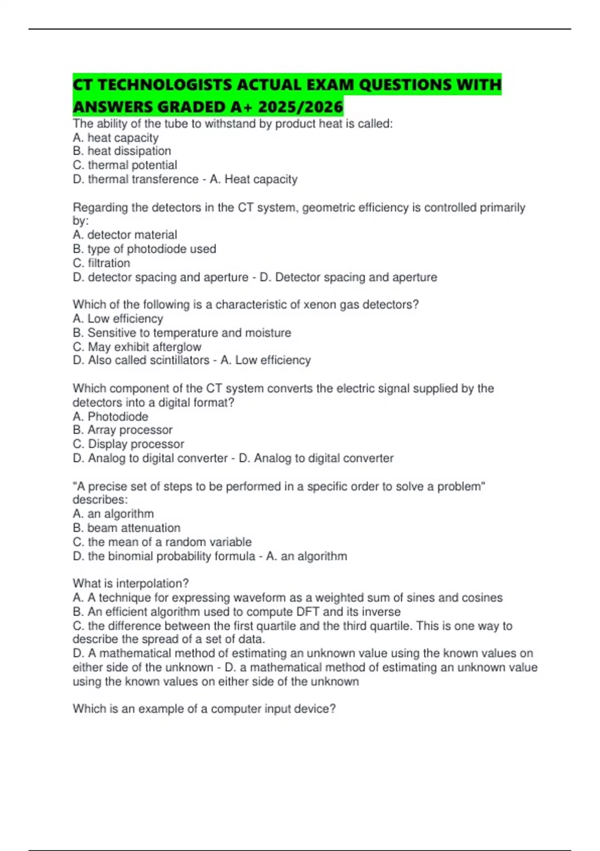 CT TECHNOLOGISTS ACTUAL EXAM QUESTIONS WITH ANSWERS GRADED A+ 2025/2026 ...