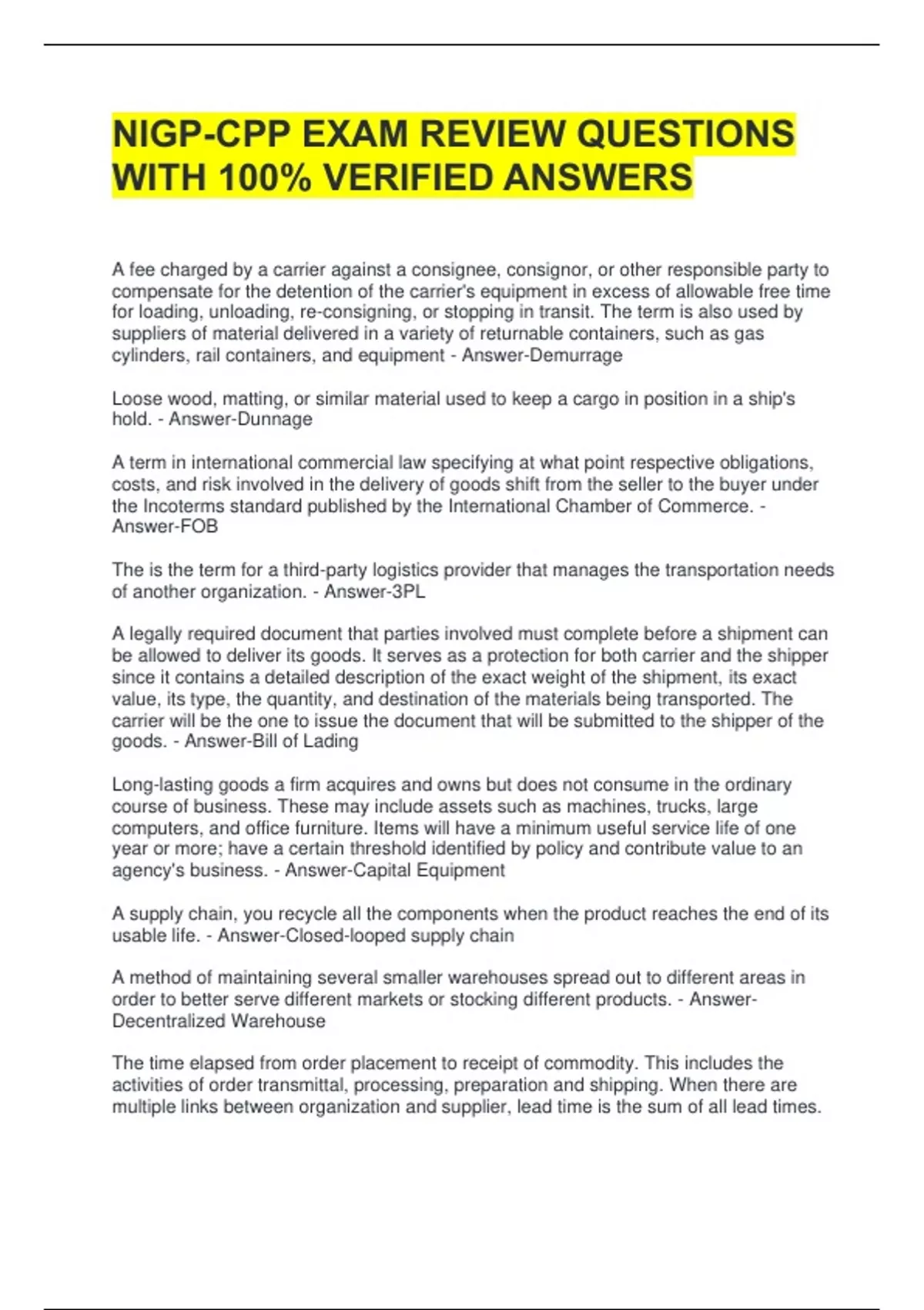 NIGP-CPP EXAM REVIEW QUESTIONS WITH 100% VERIFIED ANSWERS - NIGP-CPP - Stuvia US