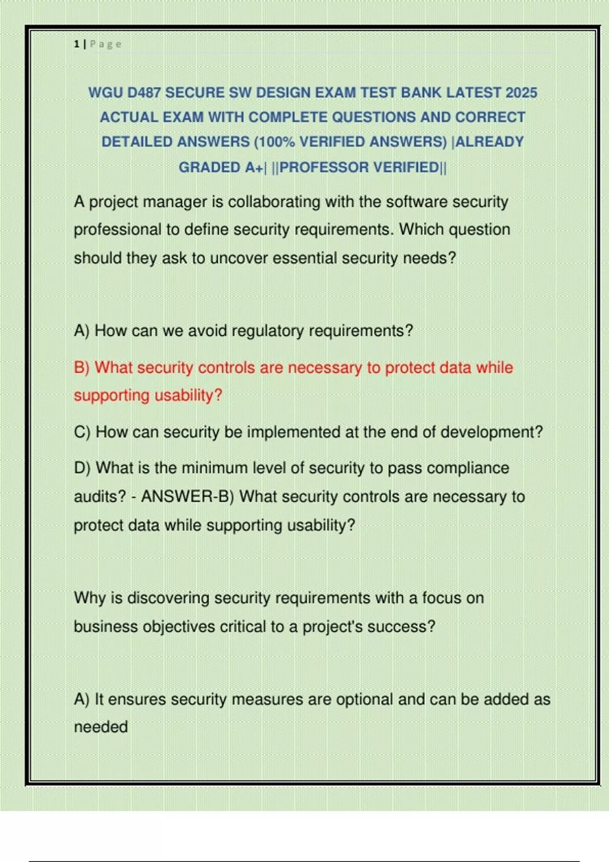 WGU D487 SECURE SW DESIGN EXAM TEST BANK LATEST 2025 ACTUAL EXAM WITH ...