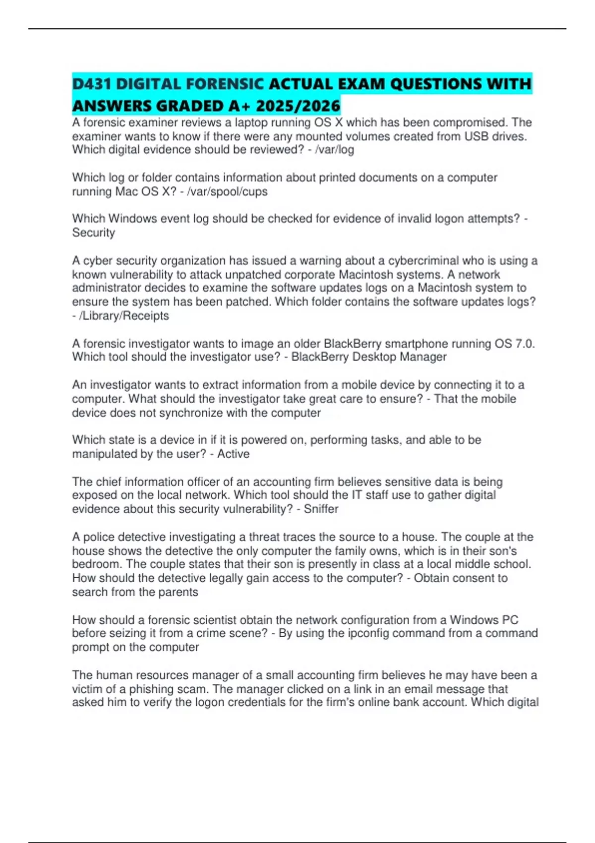 D431 DIGITAL FORENSIC ACTUAL EXAM QUESTIONS WITH ANSWERS GRADED A+ 2025 ...