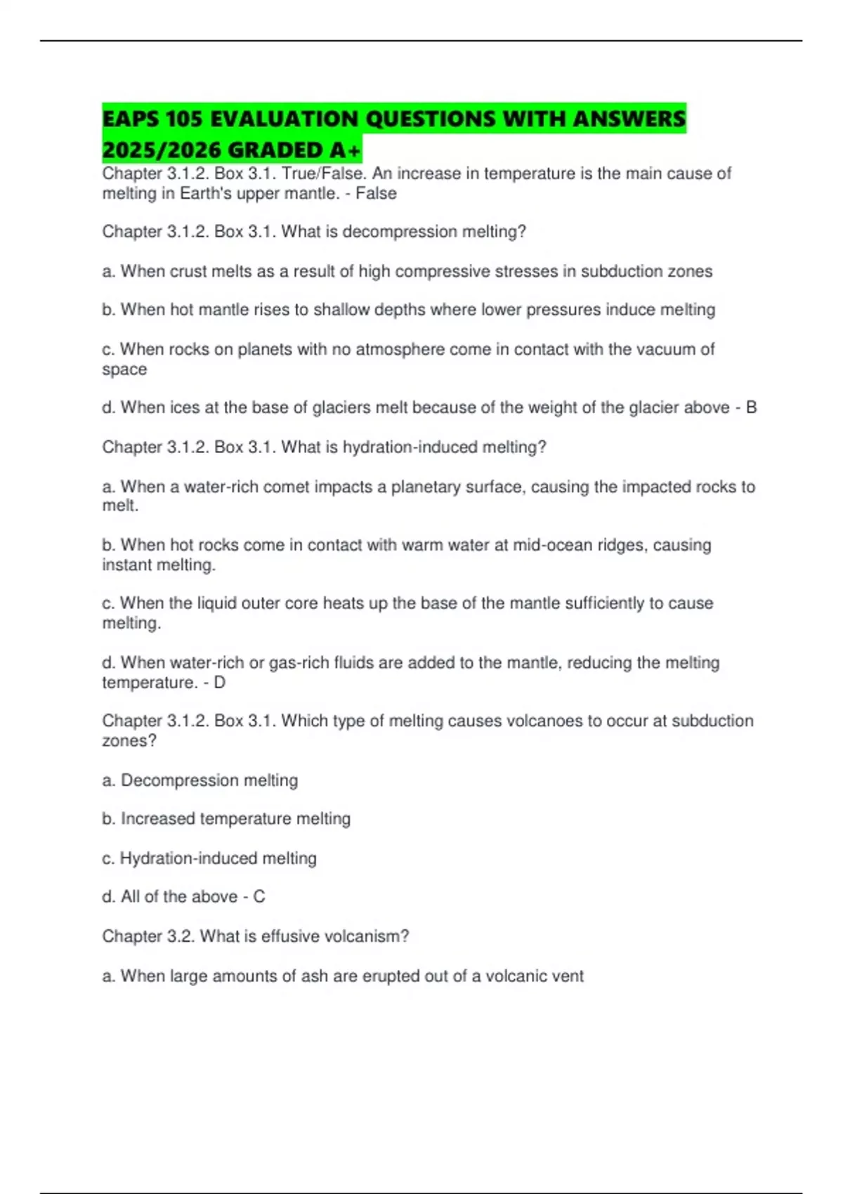 EAPS 105 EVALUATION QUESTIONS WITH ANSWERS 2025/2026 GRADED A+ - EAPS ...