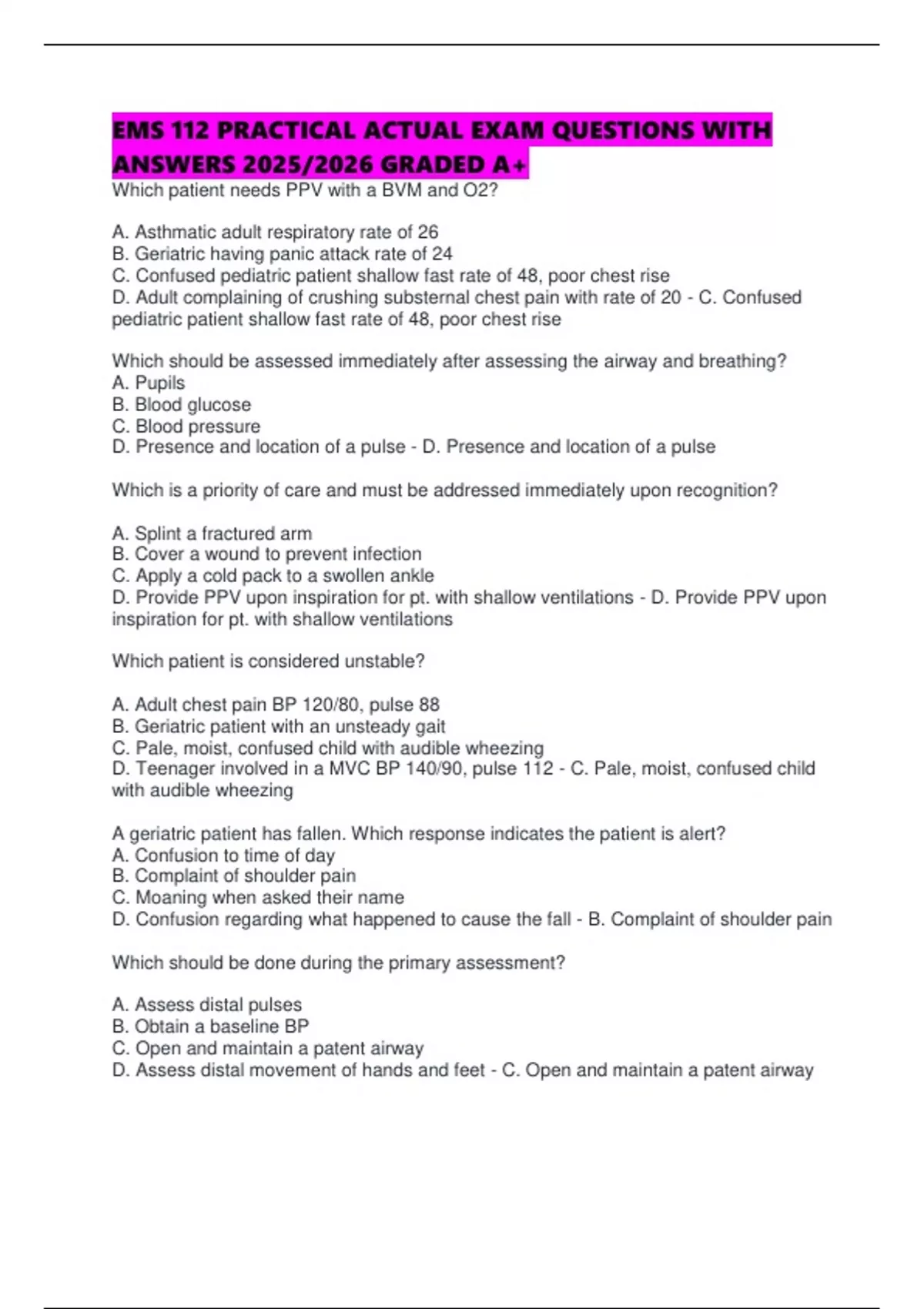EMS 112 PRACTICAL ACTUAL EXAM QUESTIONS WITH ANSWERS 2025/2026 GRADED A+ - EMS 112 - Stuvia US