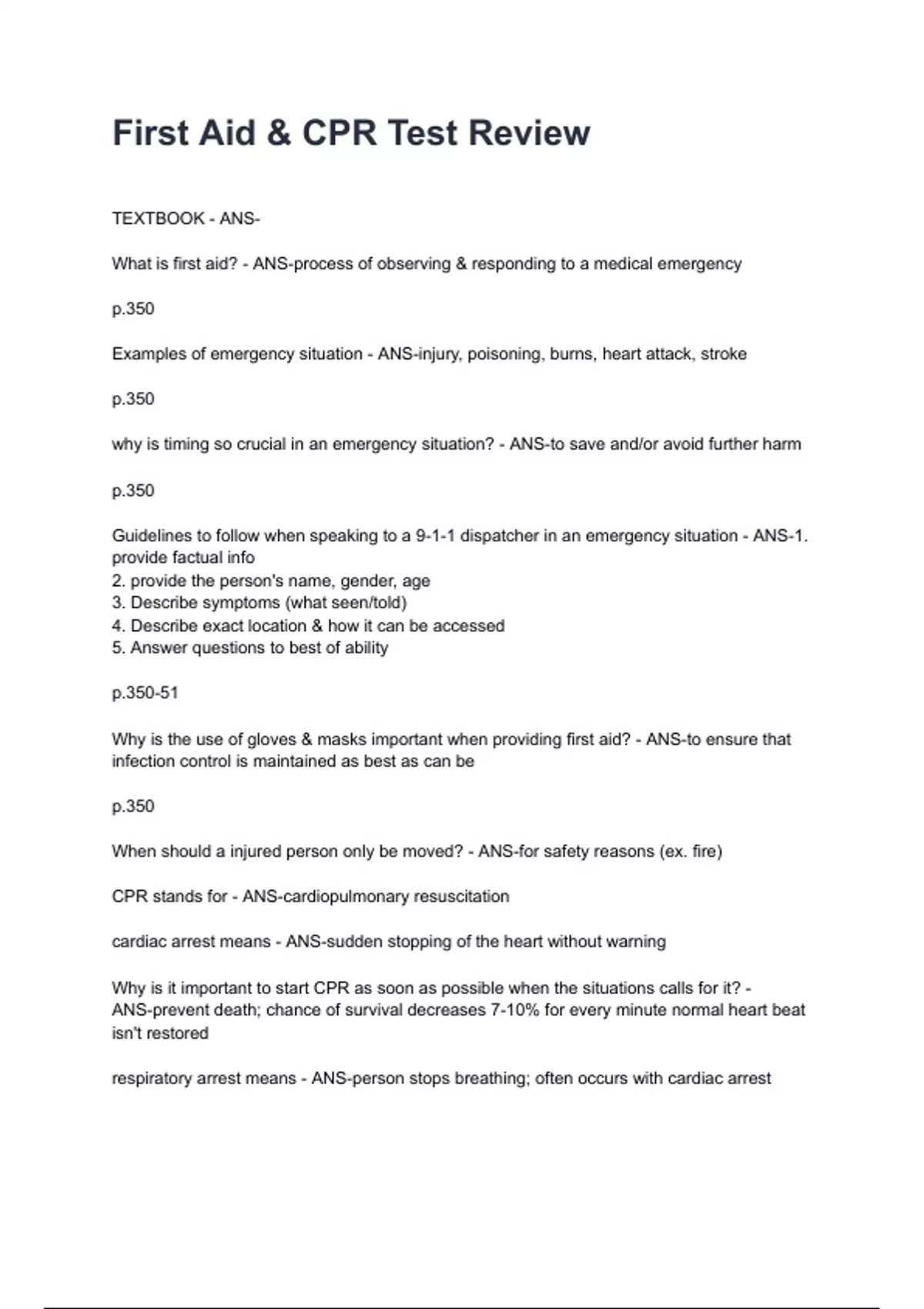 First Aid & CPR Test Review quiz and answers graded A+ 2024/2025 - CPR ...