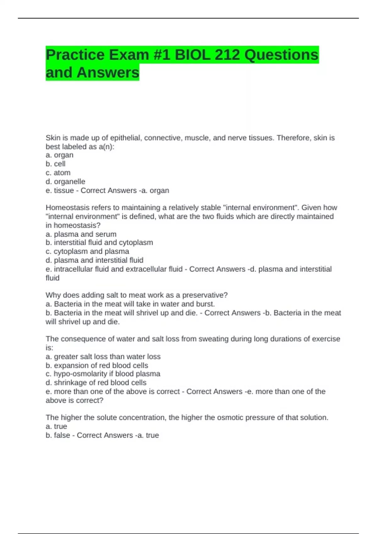 Practice Exam #1 BIOL 212 Questions and Answers - Bio 212 - Stuvia US