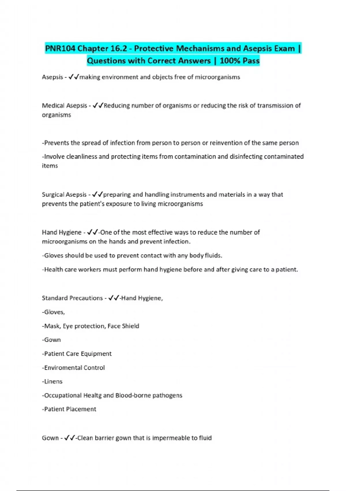 NR104 Chapter 16.2 - Protective Mechanisms and Asepsis Exam | Questions ...