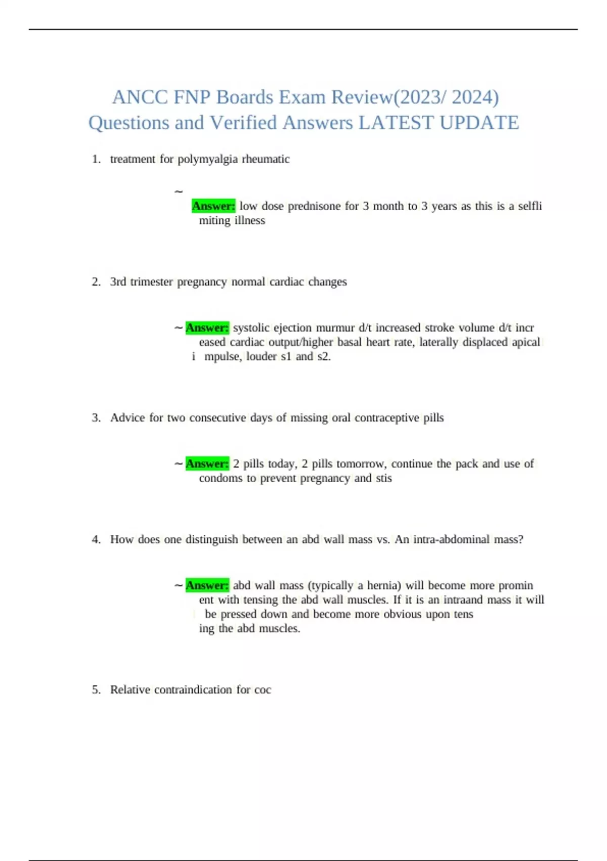 ANCC FNP Boards Exam Review(2023/ 2024) Questions and Verified Answers ...