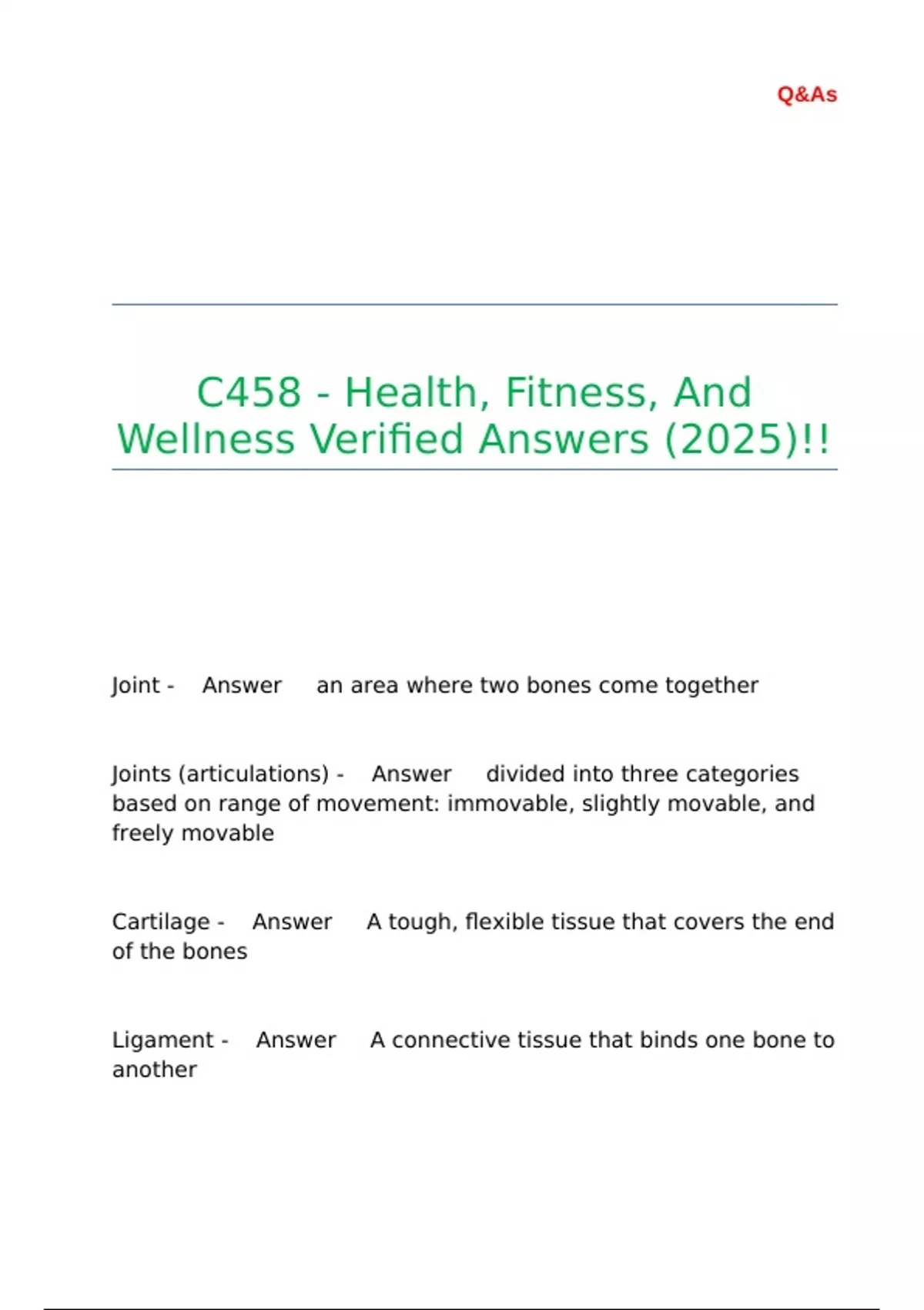 C458 - Health, Fitness, And Wellness Verified Answers (2025)!! - C458 - Stuvia US