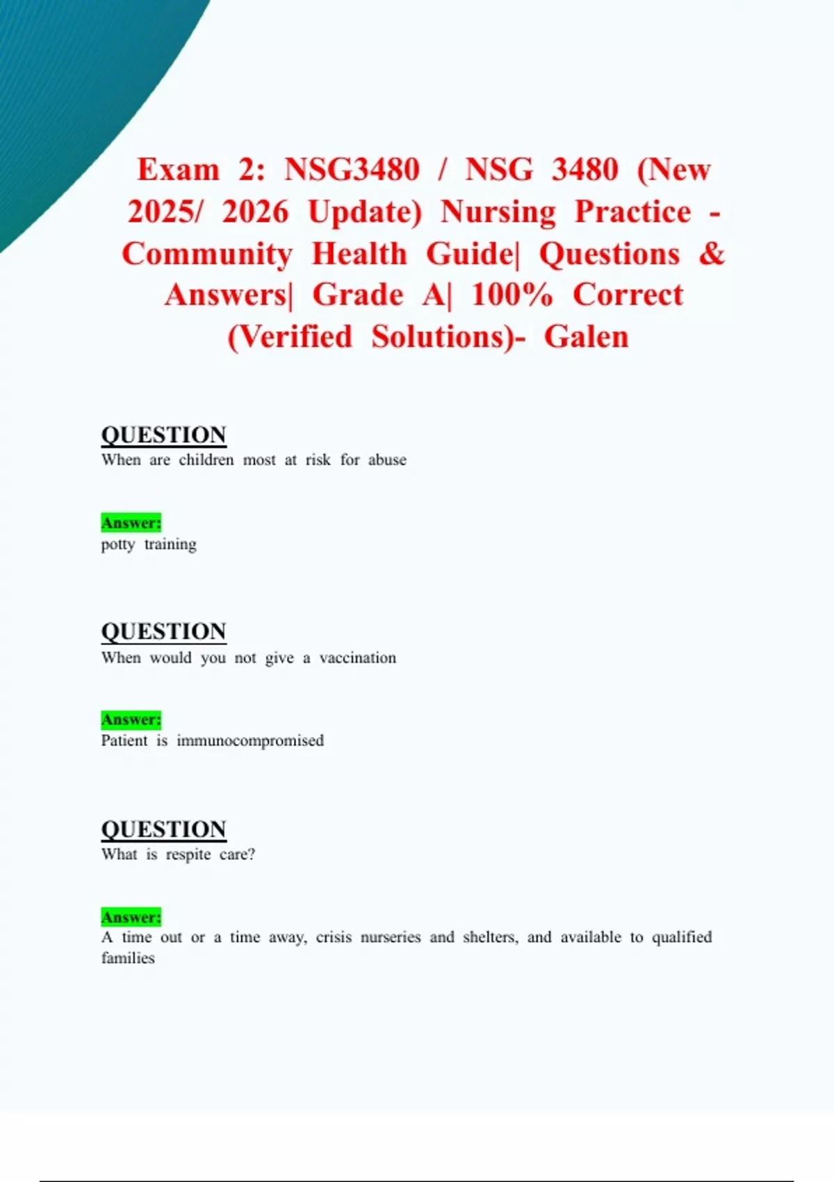 Exam 2: NSG3480/ NSG 3480 (NEW 2025/ 2026 Update) Nursing Practice ...