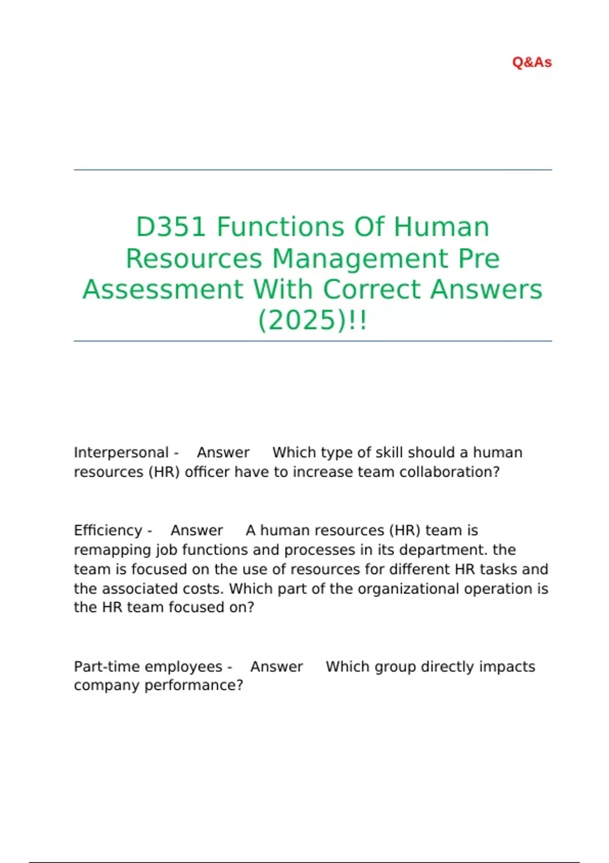 D351 Functions Of Human Resources Management Pre Assessment With ...