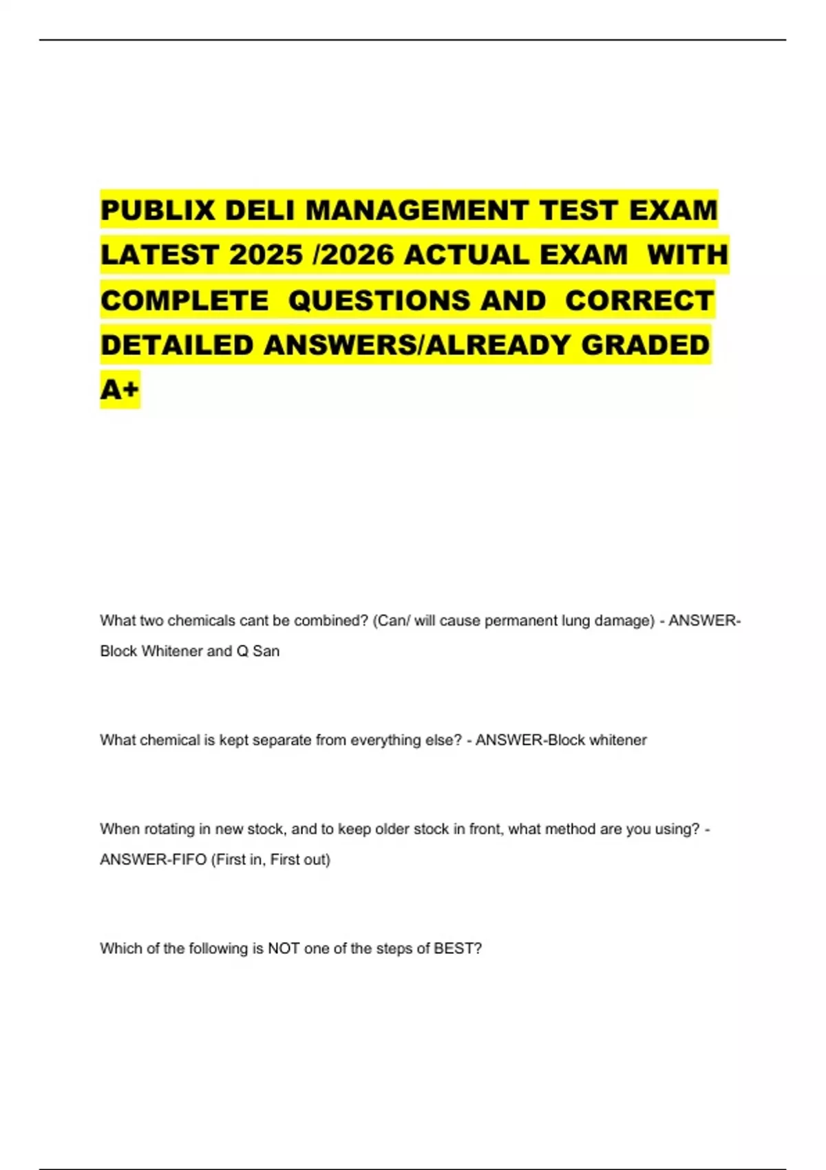 PUBLIX DELI MANAGEMENT TEST EXAM LATEST 2025 /2026 ACTUAL EXAM WITH ...