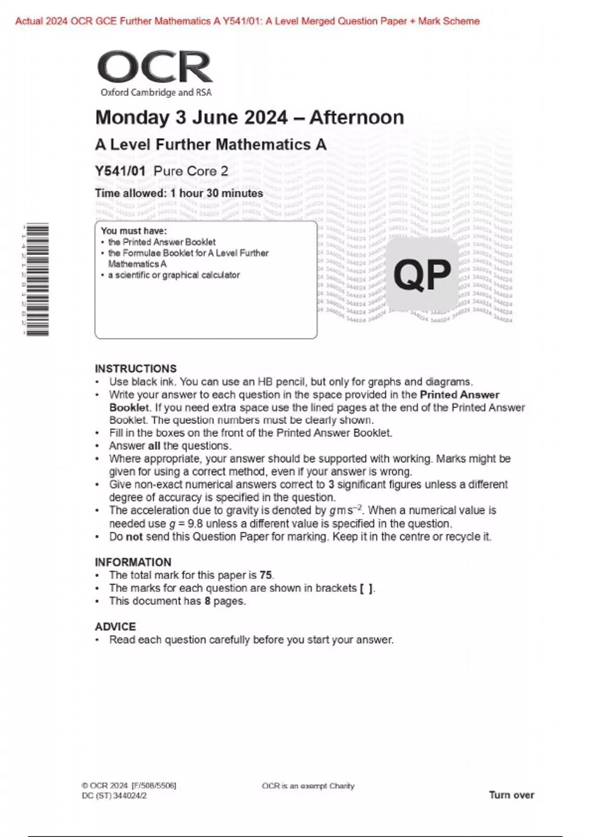 Actual 2024 OCR GCE Further Mathematics A Y541/01: Pure Core 2 A Level ...