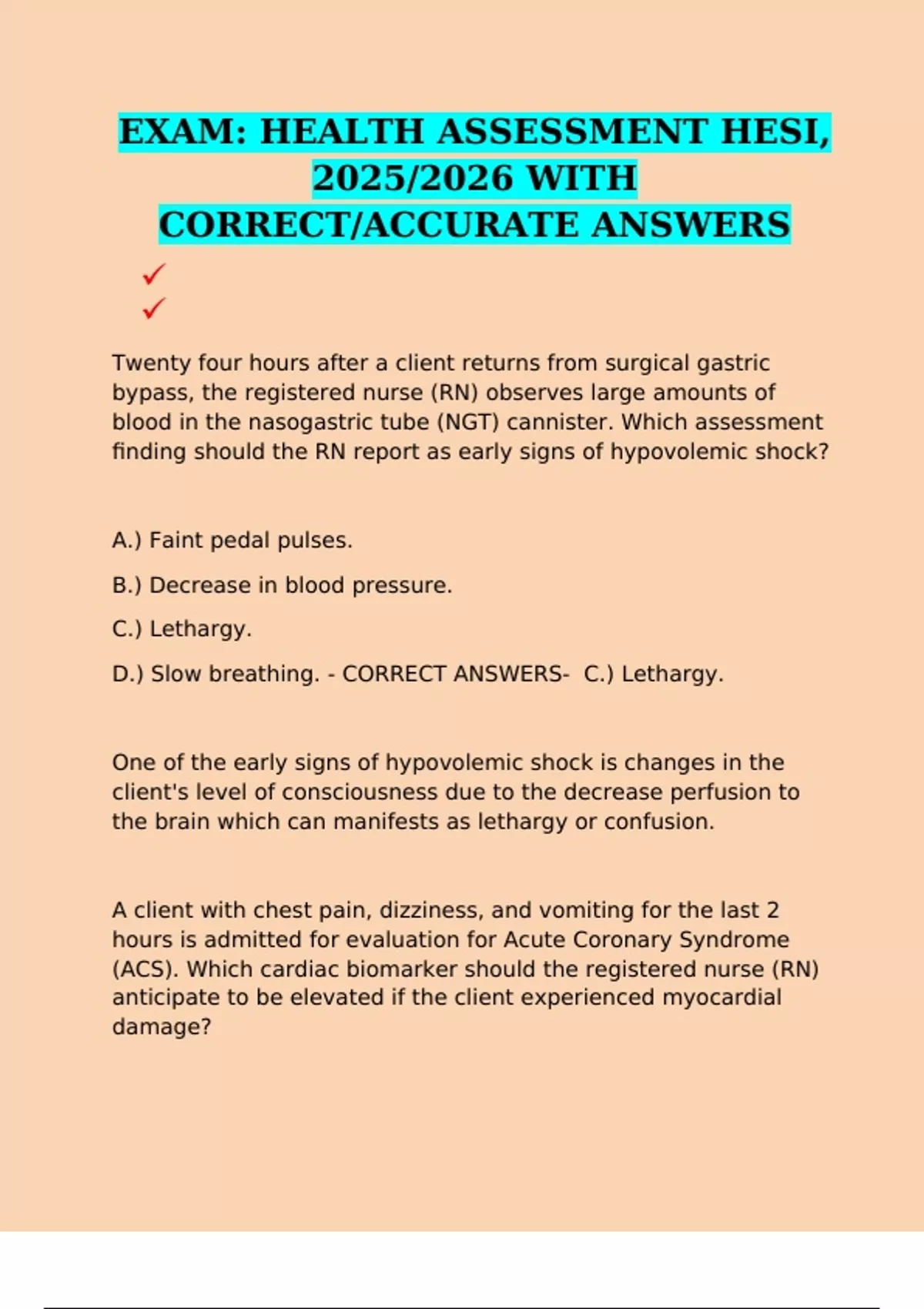 EXAM: HEALTH ASSESSMENT HESI, 2025/2026 WITH CORRECT/ACCURATE ANSWERS ...