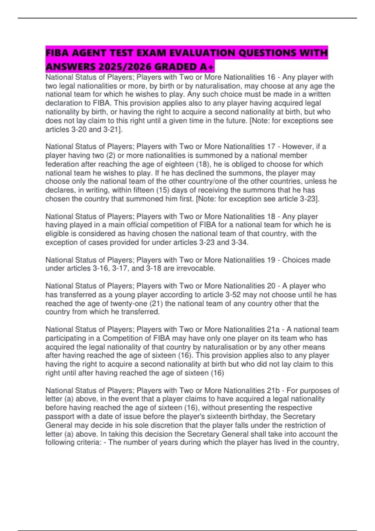 FIBA AGENT TEST EXAM EVALUATION QUESTIONS WITH ANSWERS 2025/2026 GRADED ...