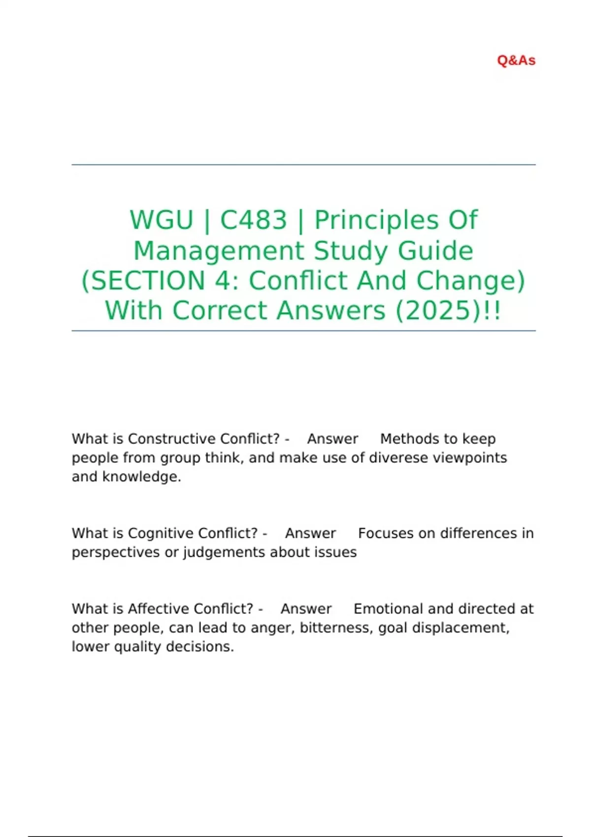 WGU C483 Principles Of Management Study Guide (SECTION 4 Conflict And ...