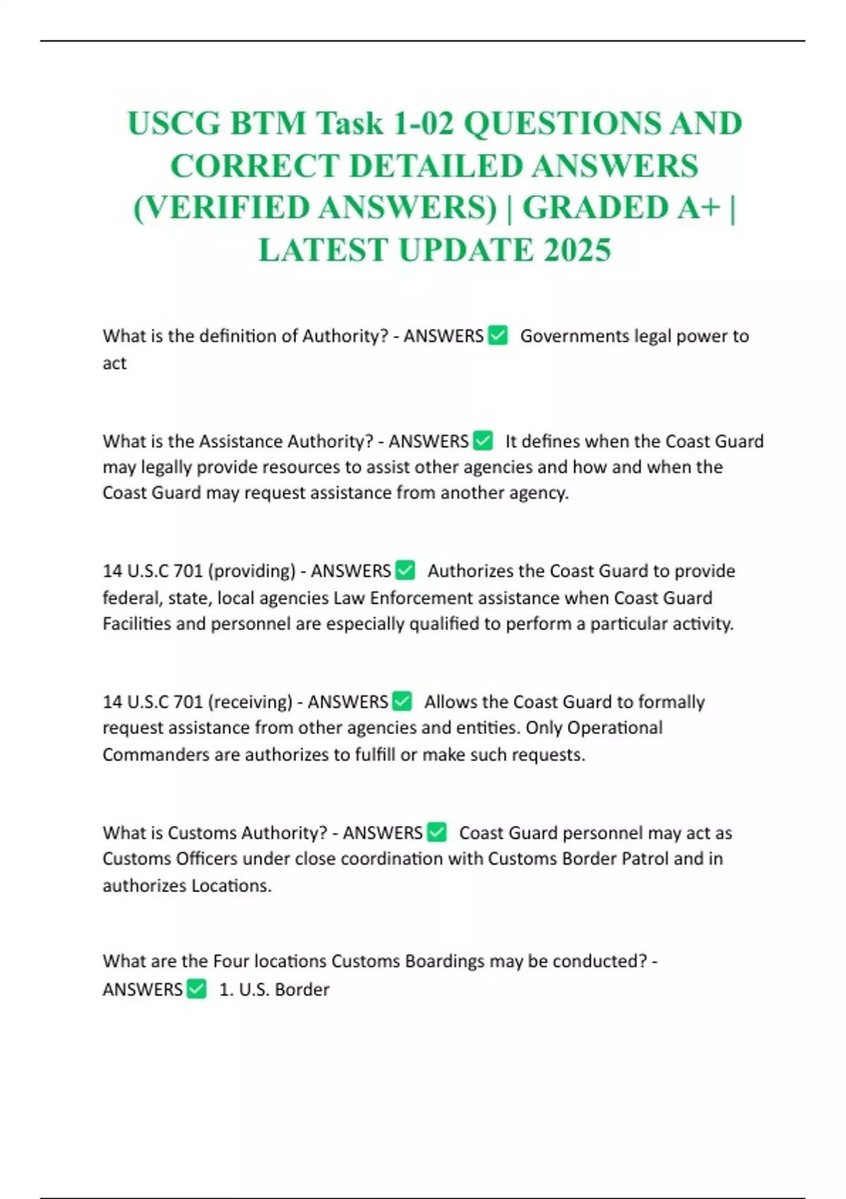USCG BTM Task 1-02 QUESTIONS AND CORRECT DETAILED ANSWERS (VERIFIED ...