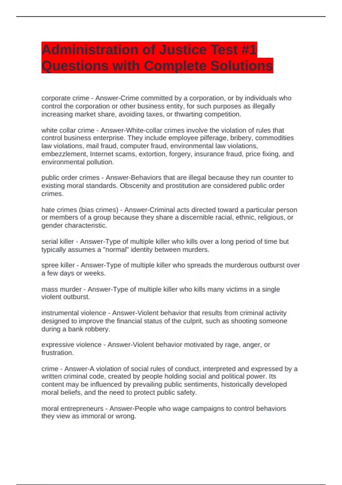 Administration of Justice Test #1 Questions with Complete Solutions ...