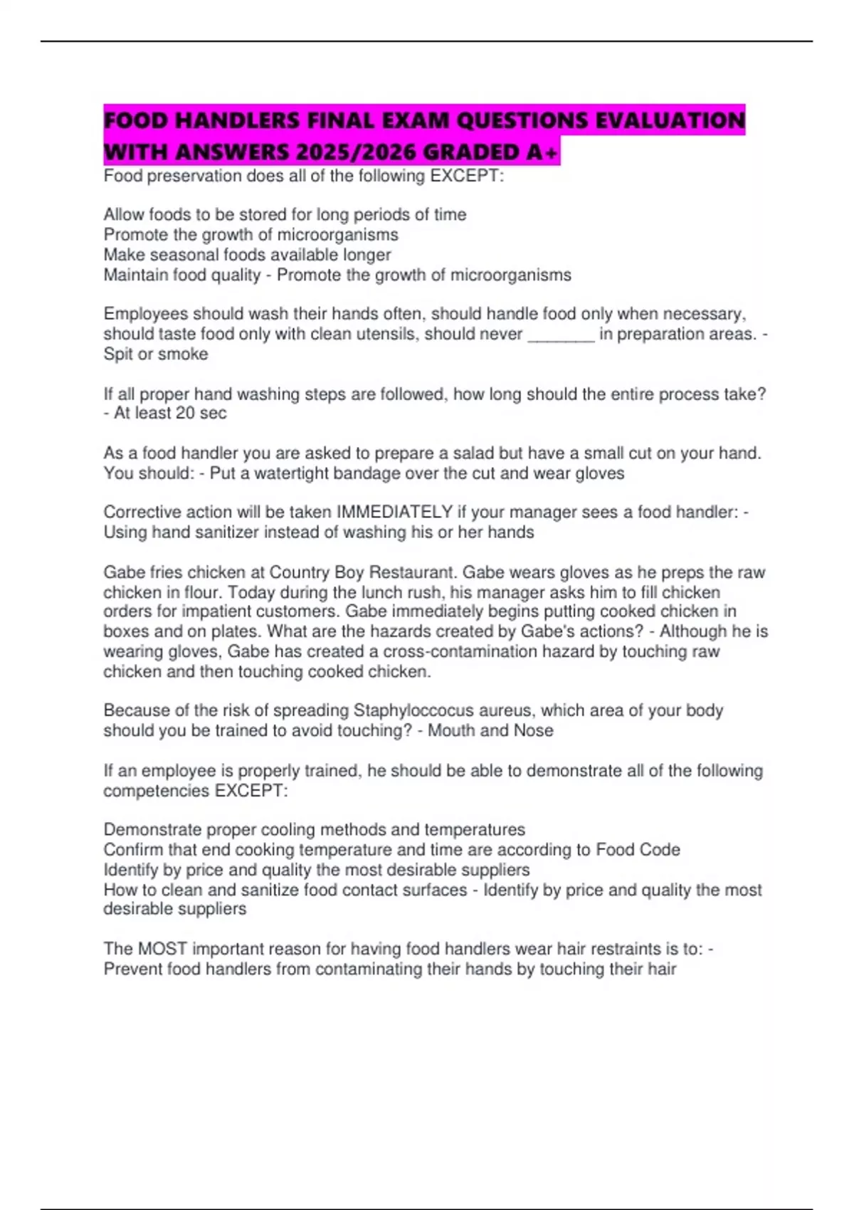 FOOD HANDLERS FINAL EXAM QUESTIONS EVALUATION WITH ANSWERS 2025/2026 ...