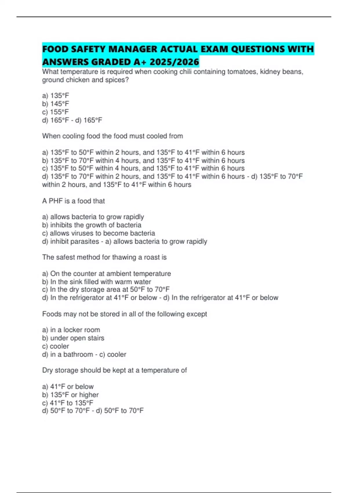 FOOD SAFETY MANAGER ACTUAL EXAM QUESTIONS WITH ANSWERS GRADED A+ 2025/ ...