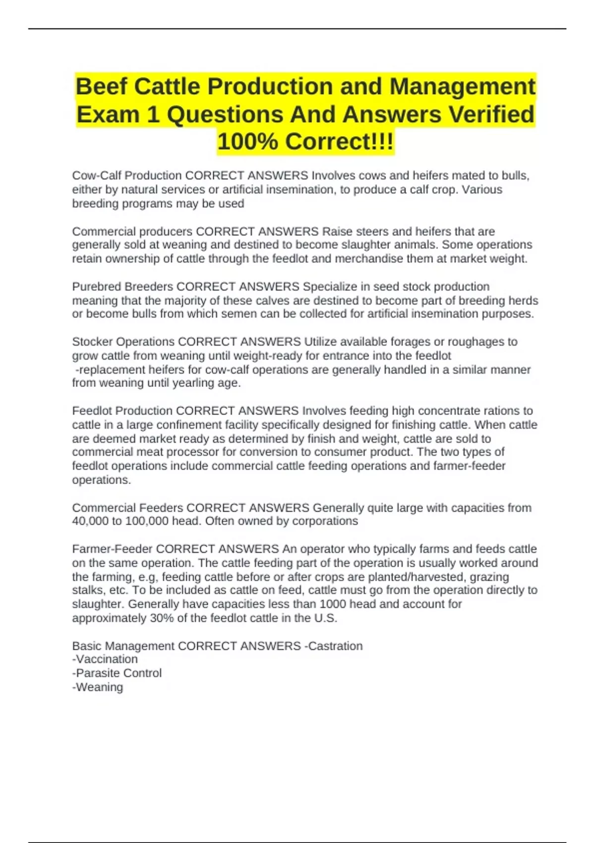 Beef Cattle Production and Management Exam 1 Questions And Answers ...