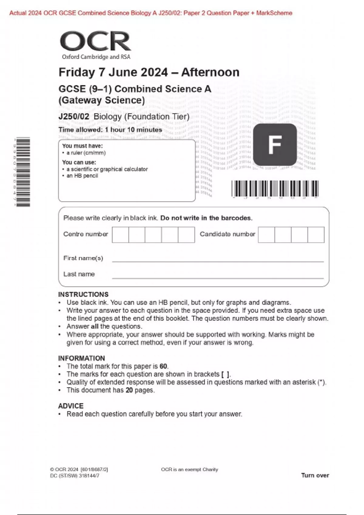 Actual 2024 Ocr Gcse Combined Science Biology A Gateway Science J250 02 Paper 2 Foundation