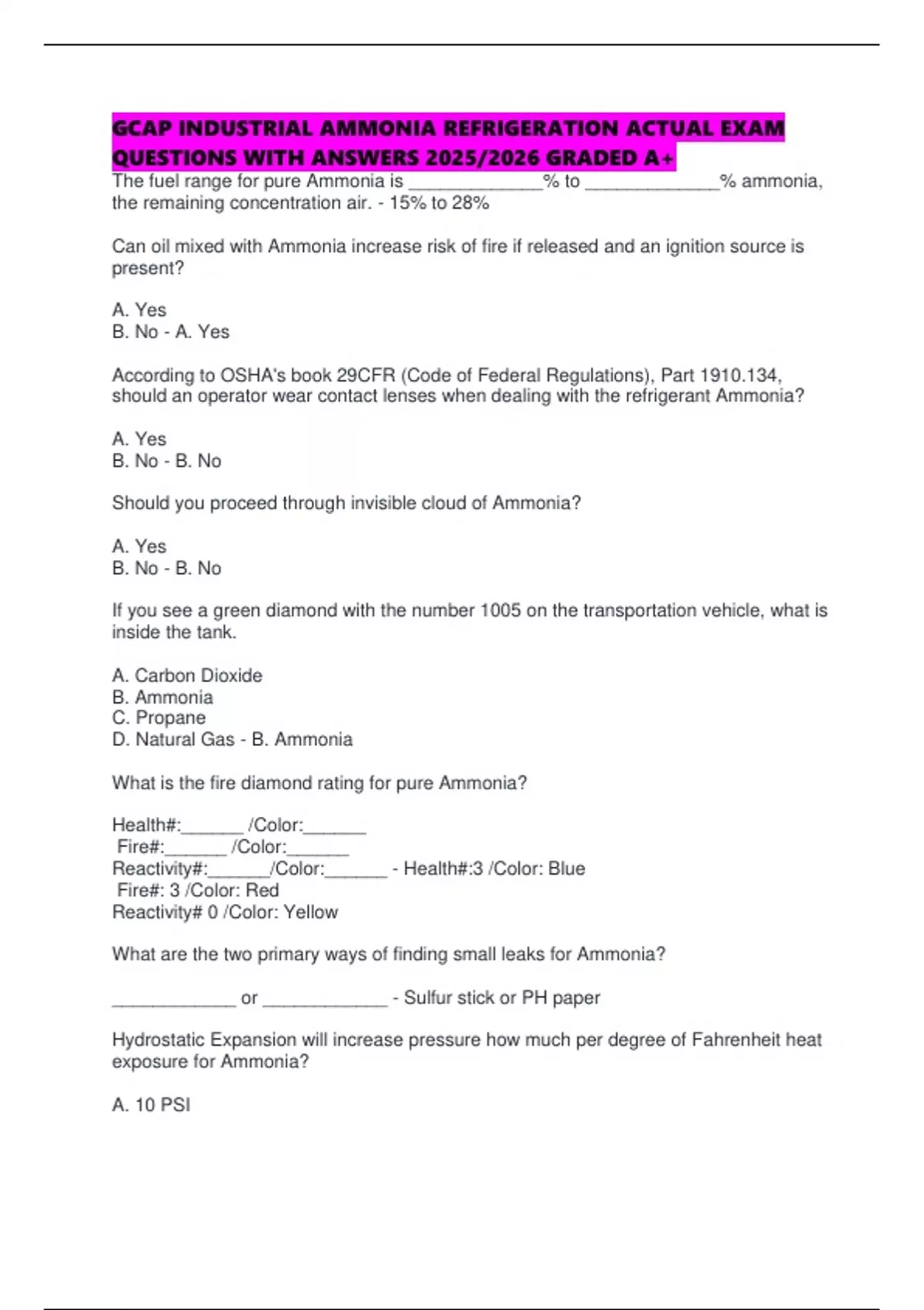 GCAP INDUSTRIAL AMMONIA REFRIGERATION ACTUAL EXAM QUESTIONS WITH ...