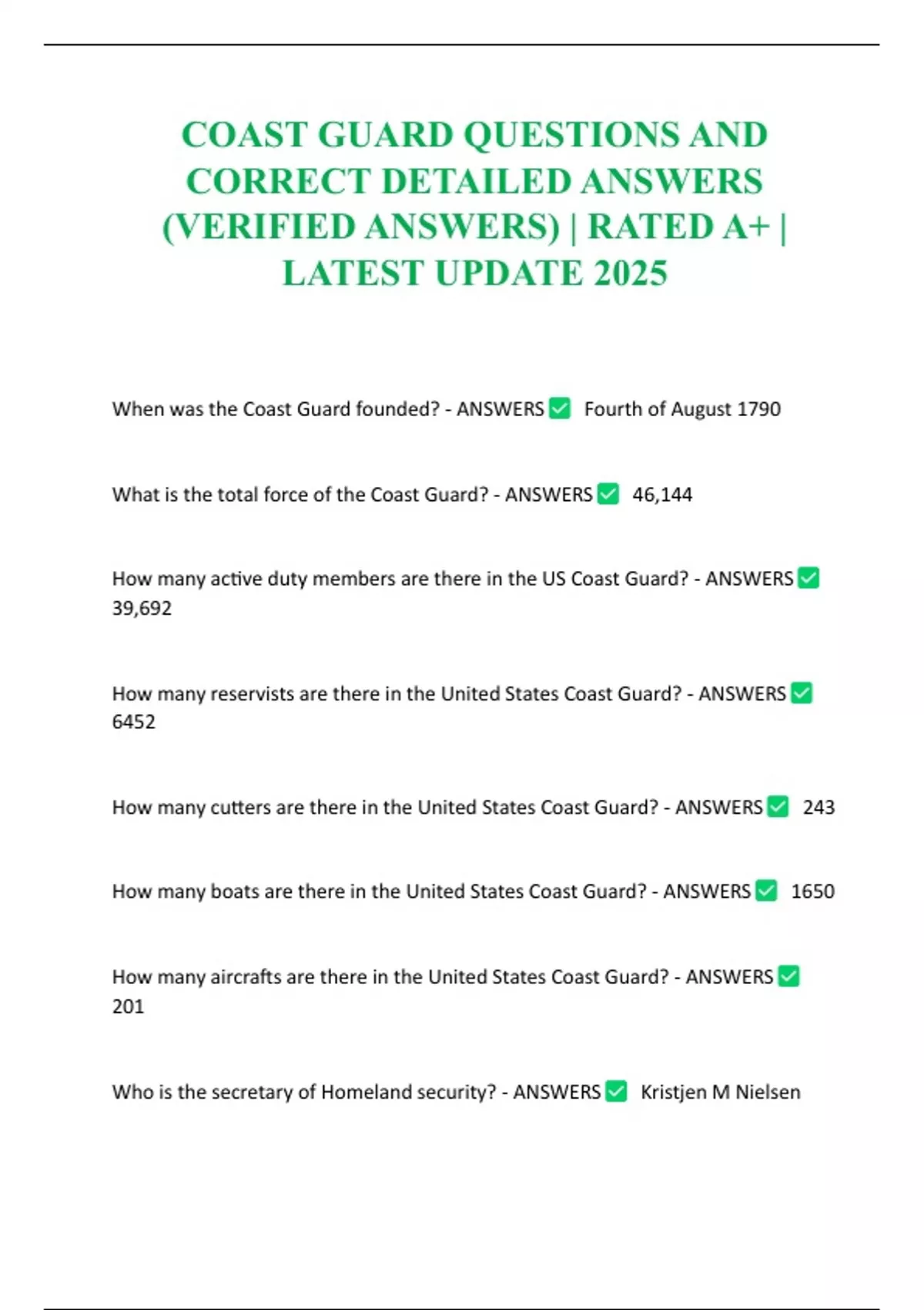 COAST GUARD QUESTIONS AND CORRECT DETAILED ANSWERS (VERIFIED ANSWERS ...