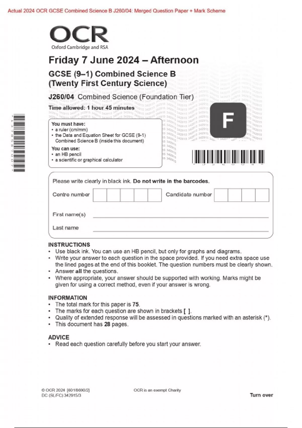 Actual 2024 OCR GCSE Combined Science B Twenty First Century Science J260/04: Combined science ...