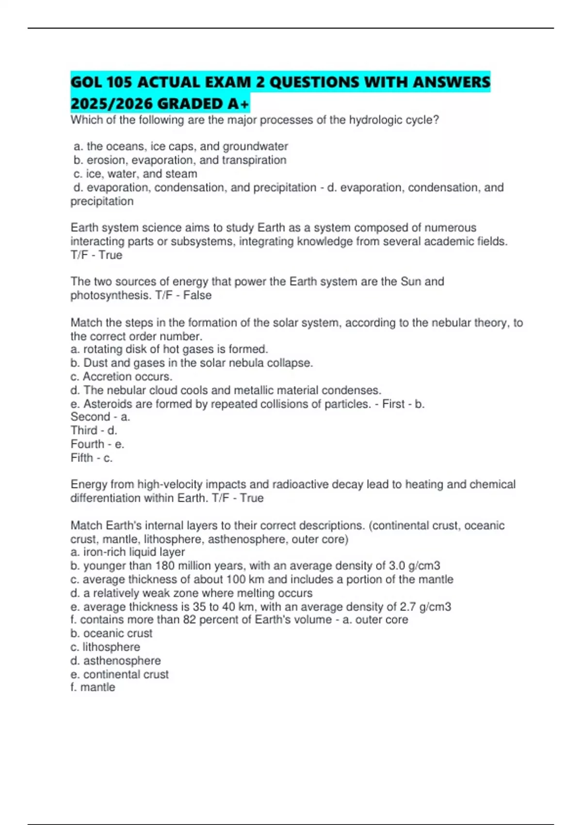 GOL 105 ACTUAL EXAM 2 QUESTIONS WITH ANSWERS 2025/2026 GRADED A+ - GOL ...