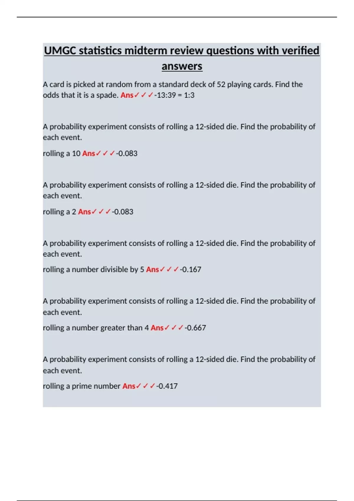 UMGC statistics midterm review questions with verified answers - Umgc ...