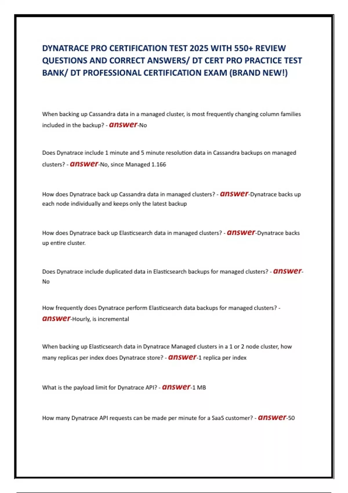 DYNATRACE PRO CERTIFICATION TEST 2025 WITH 550+ REVIEW QUESTIONS AND ...