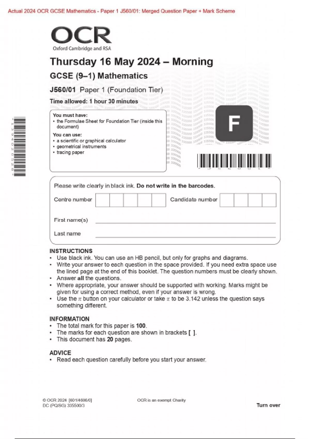 Actual 2024 OCR GCSE Mathematics - Paper 1 J560/01: Paper 1 (Foundation ...