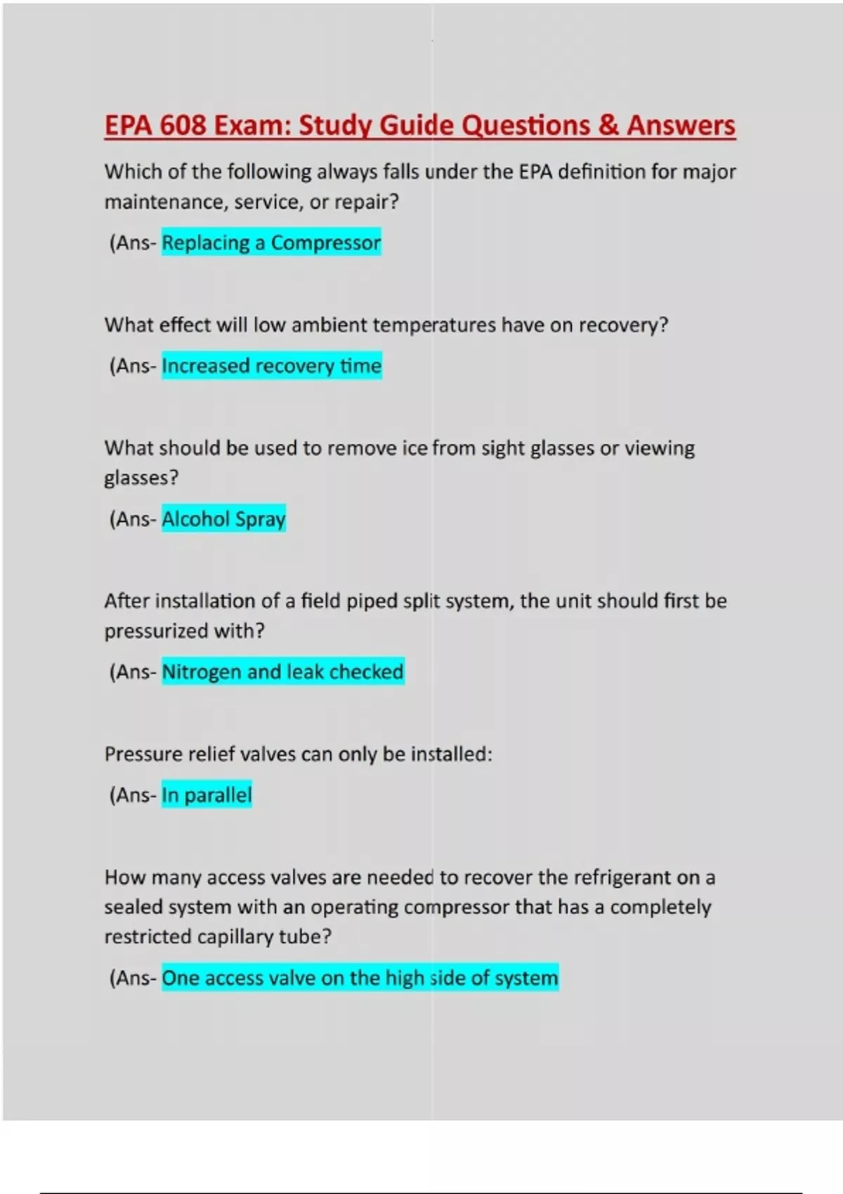 EPA 608 /EPA 608 Exam: Study Guide:Questions & Answers: Guaranteed A+ Guide - EPA 608 - Stuvia US