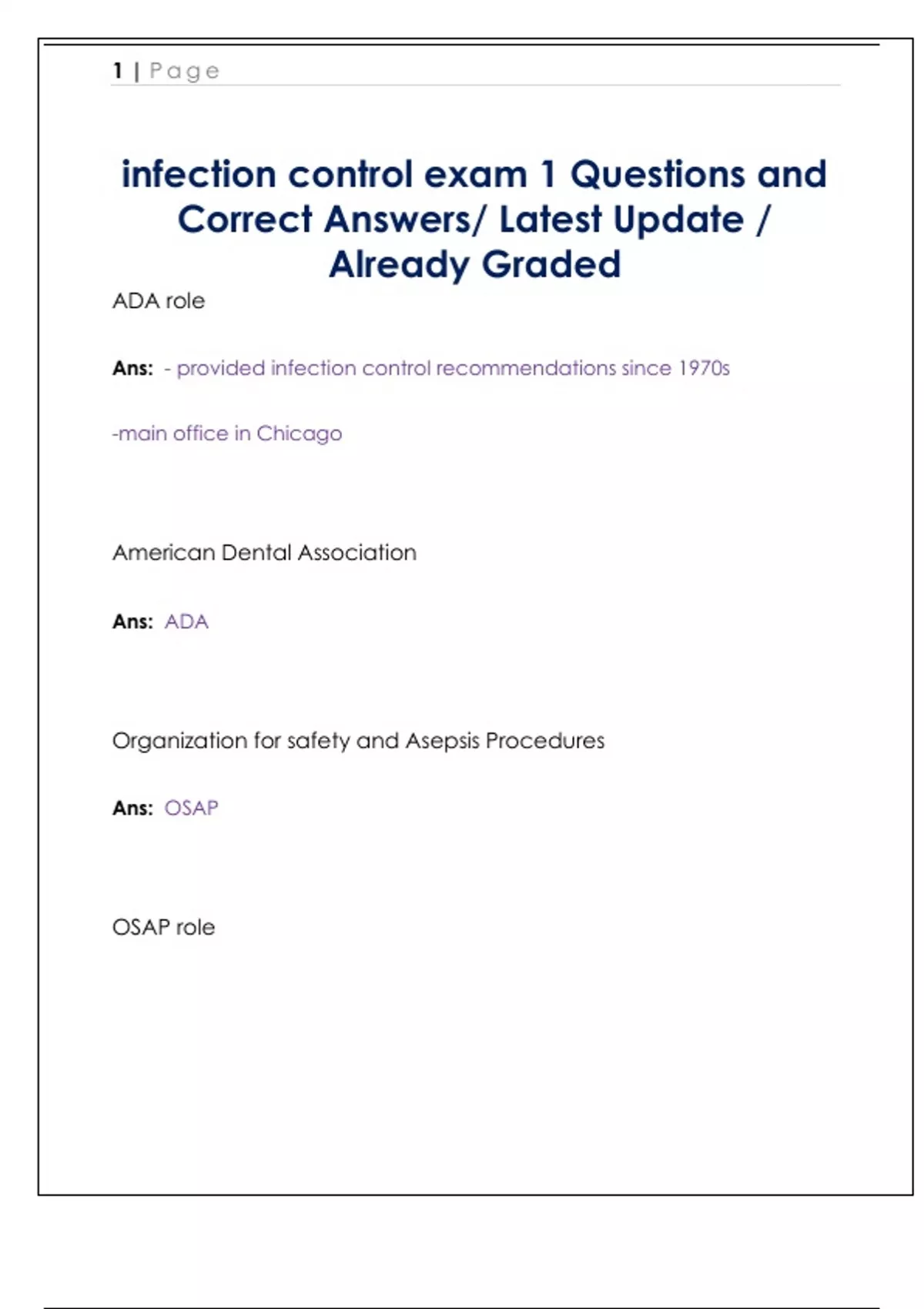 Infection Control Exam 1 Questions And Correct Answers Latest Update Already Graded