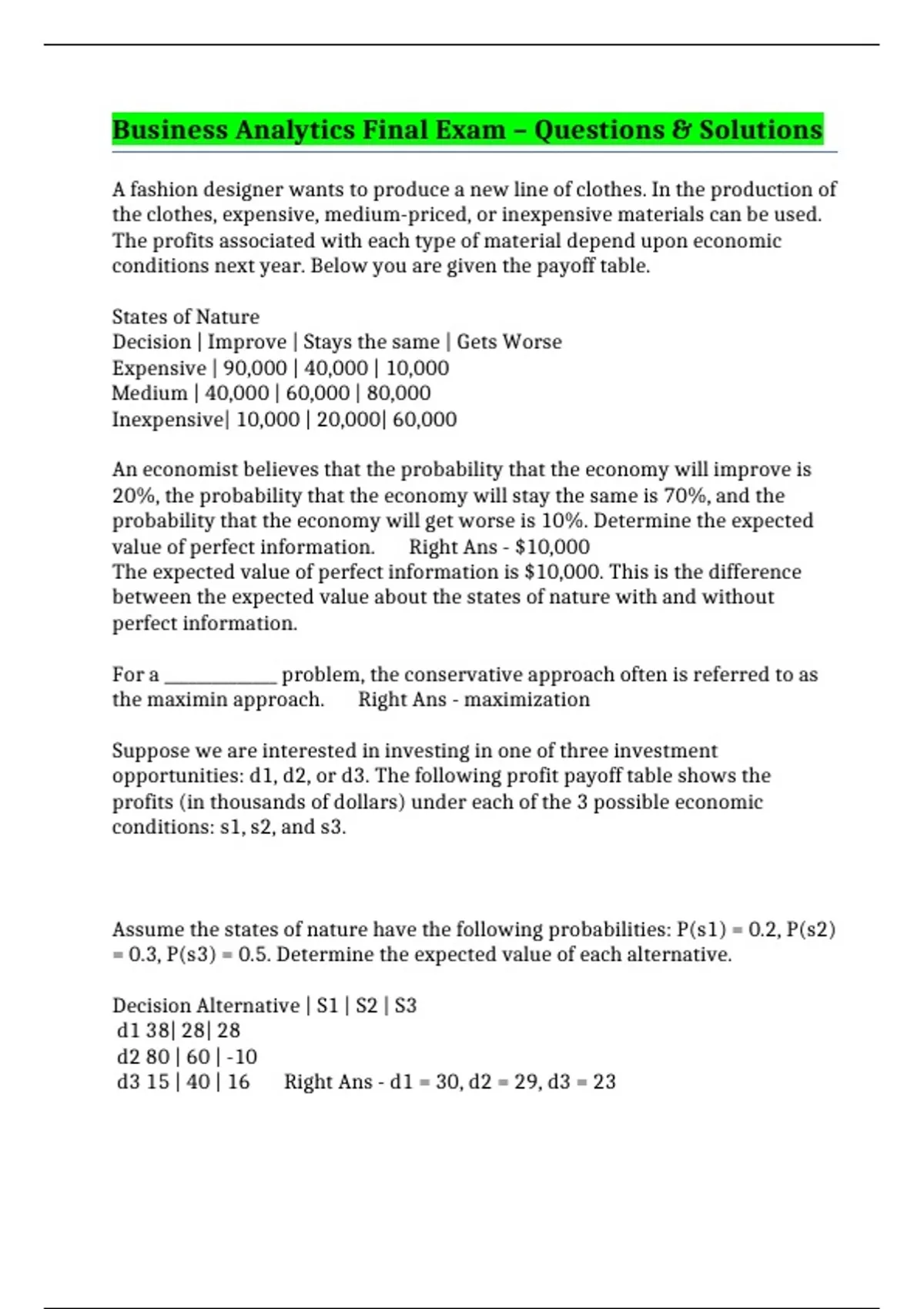 Business Analytics Final Exam – Questions & Solutions - HBX - Stuvia US