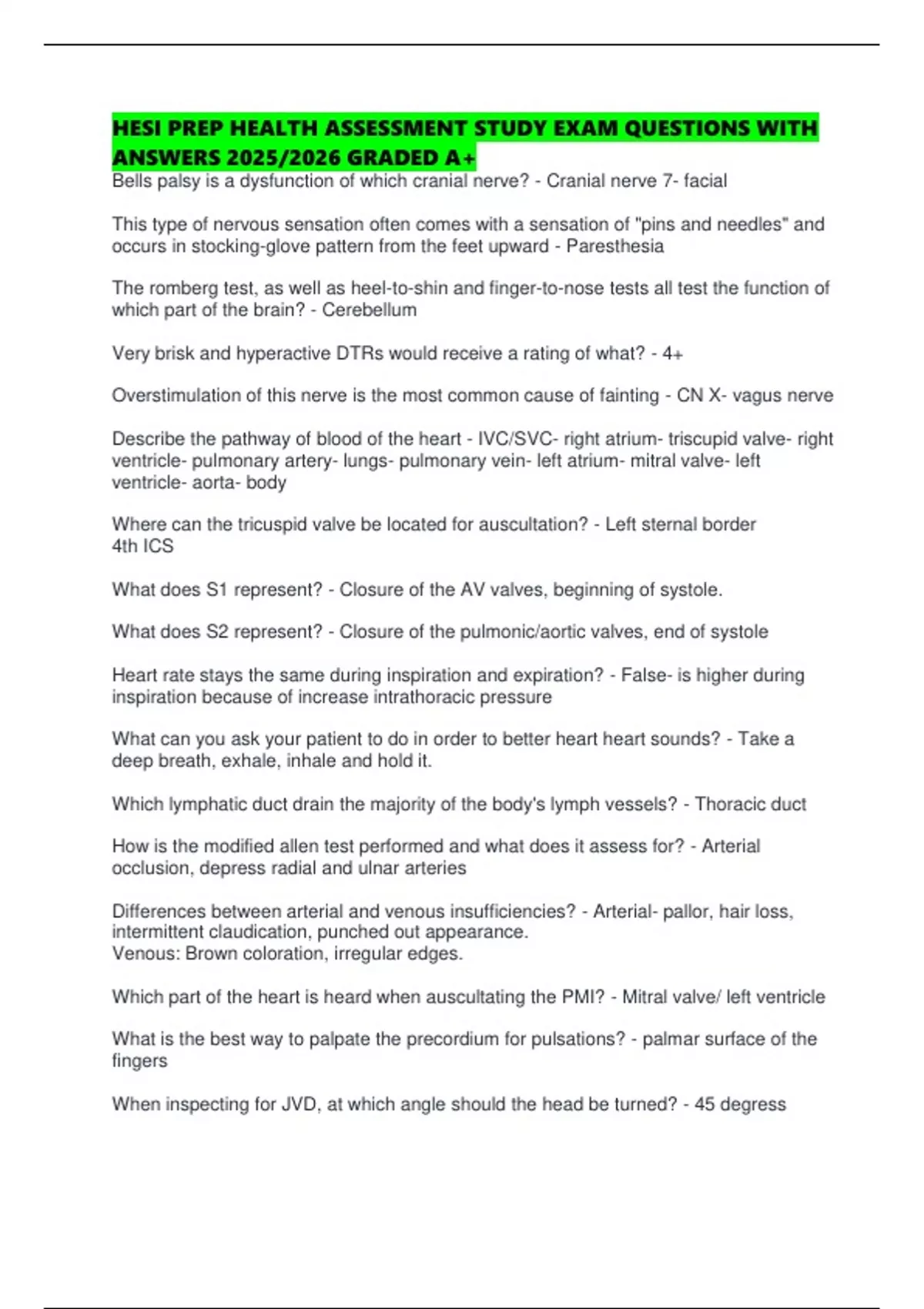 HESI PREP HEALTH ASSESSMENT STUDY EXAM QUESTIONS WITH ANSWERS 2025/2026 ...