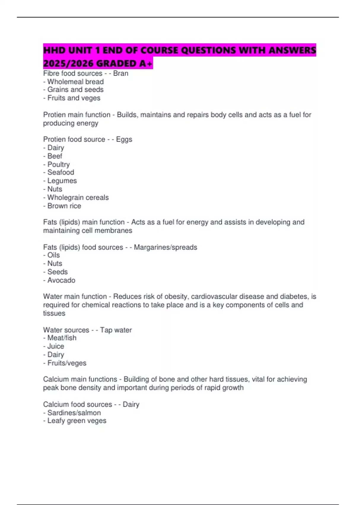HHD UNIT 1 END OF COURSE QUESTIONS WITH ANSWERS 2025/2026 GRADED A+ ...