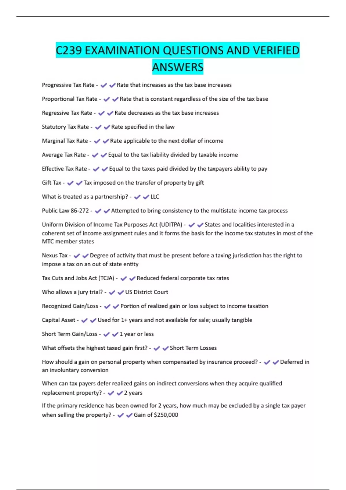 C239 EXAMINATION QUESTIONS AND VERIFIED ANSWERS - C239 - Stuvia US